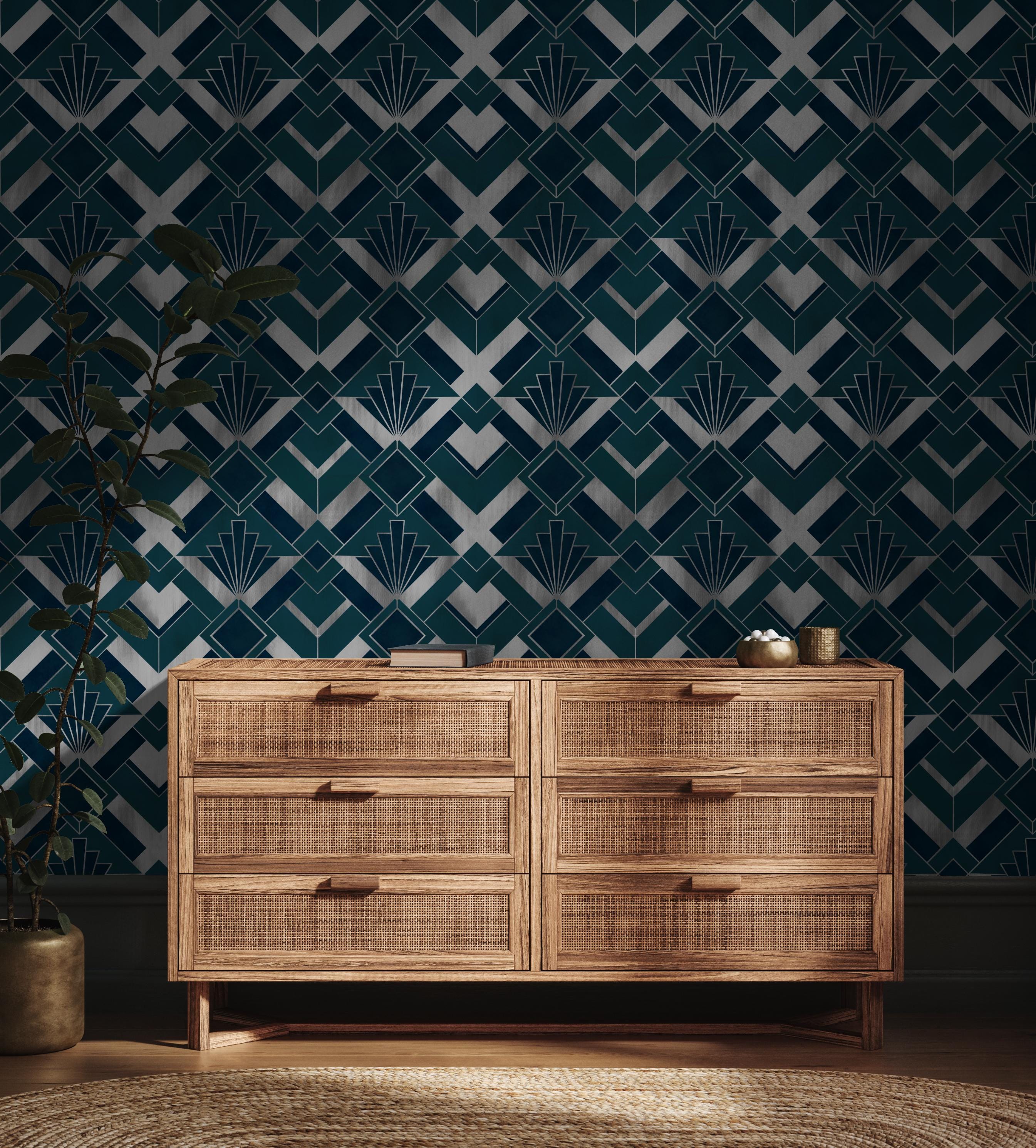 Dark Blue Art Deco Geometric Wallpaper – Modern Elegant Design, Deep ...