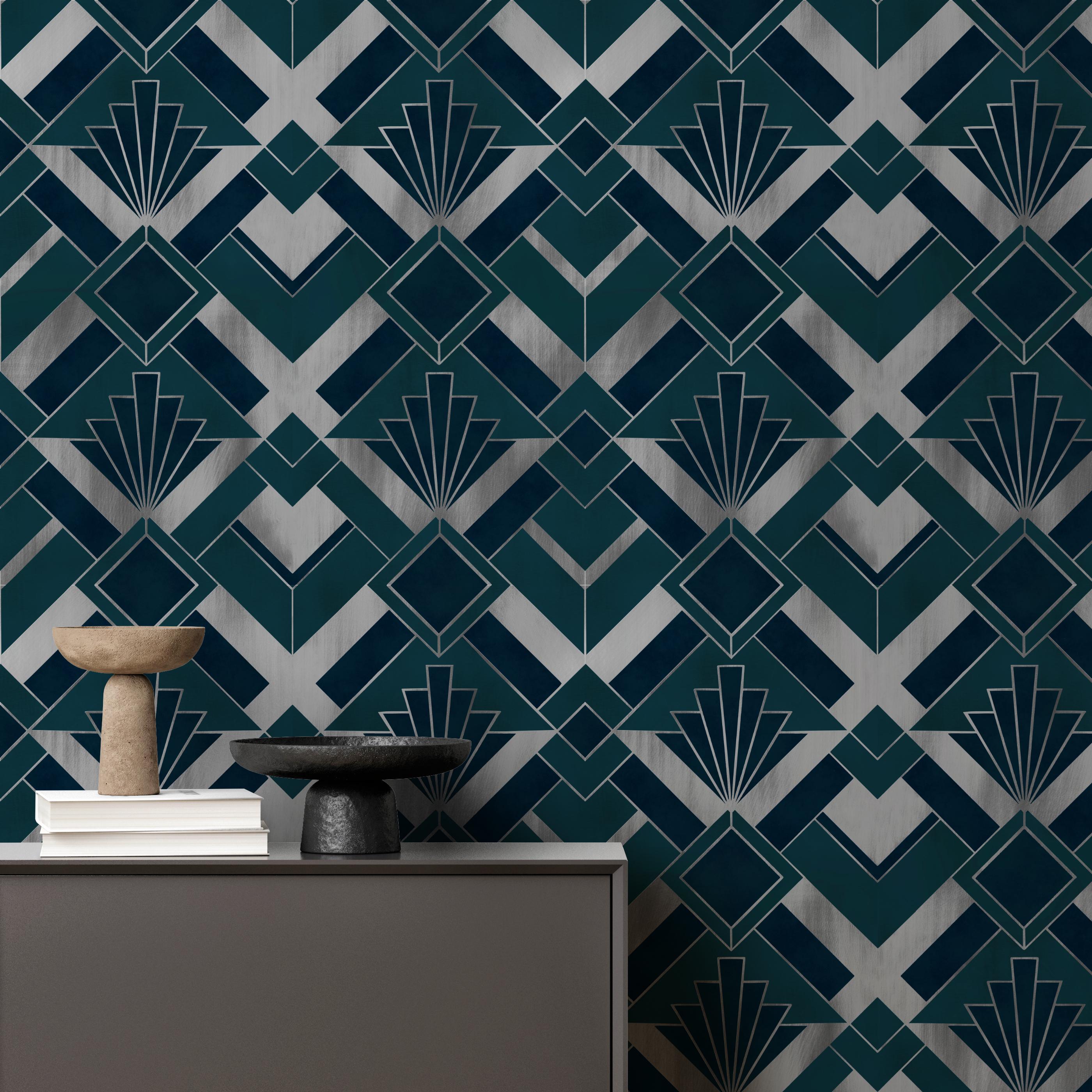 Dark Blue Art Deco Geometric Wallpaper – Modern Elegant Design, Deep ...