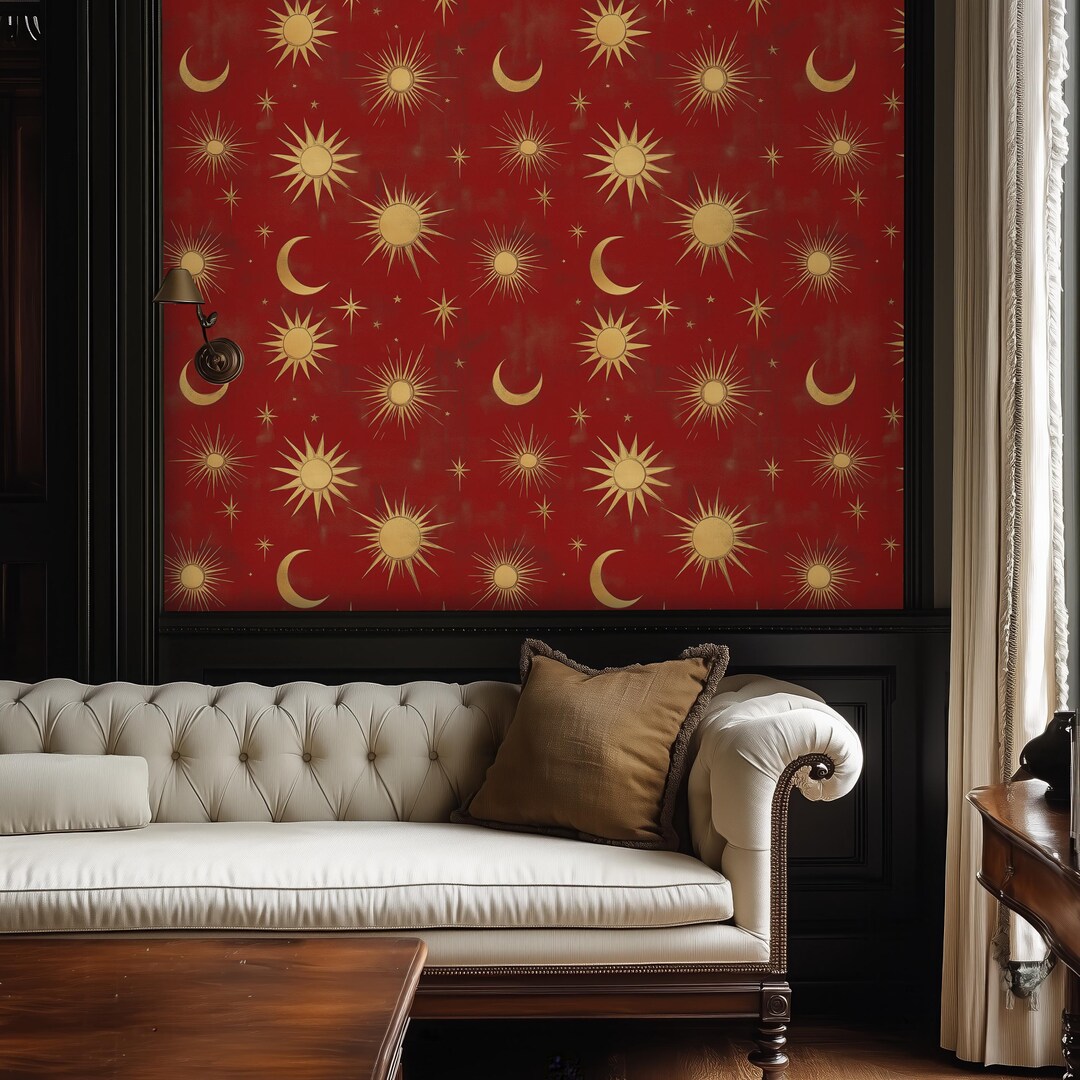Red Celestial Sun & Moon Wallpaper: Vintage Astrology Wall Mural - Etsy