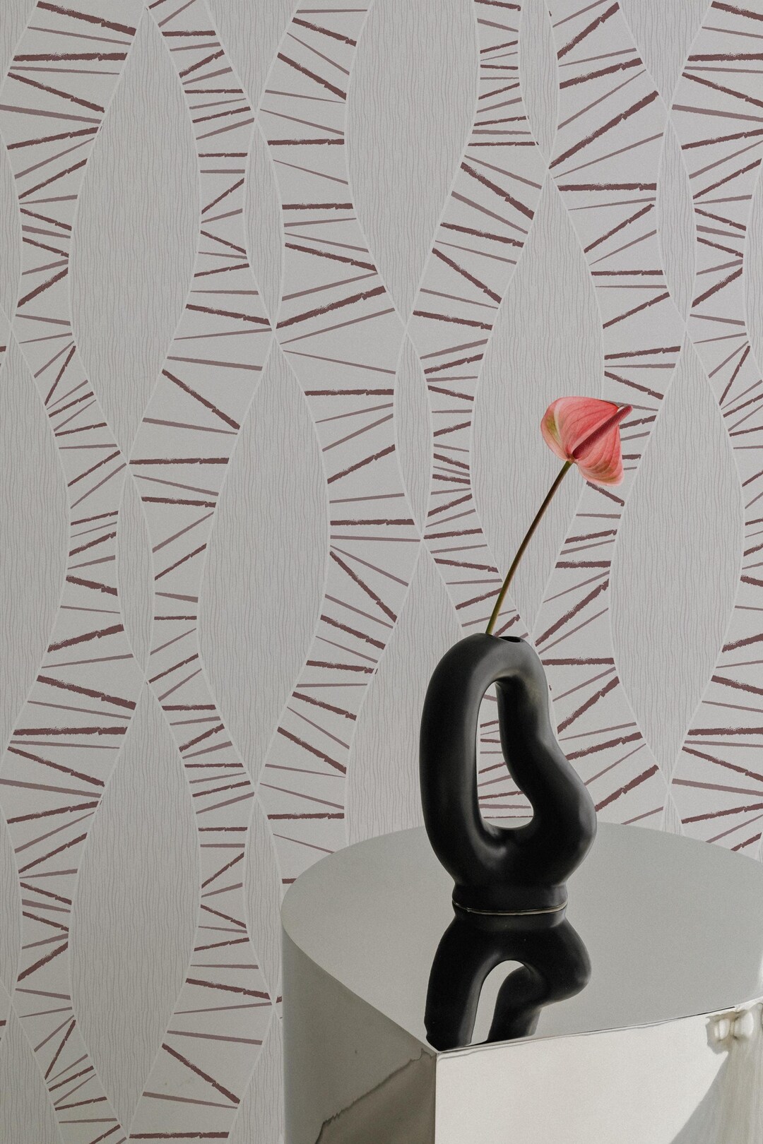 Modern Geometric Beige and Burgundy Lines Wallpaper - Abstract Swirl ...