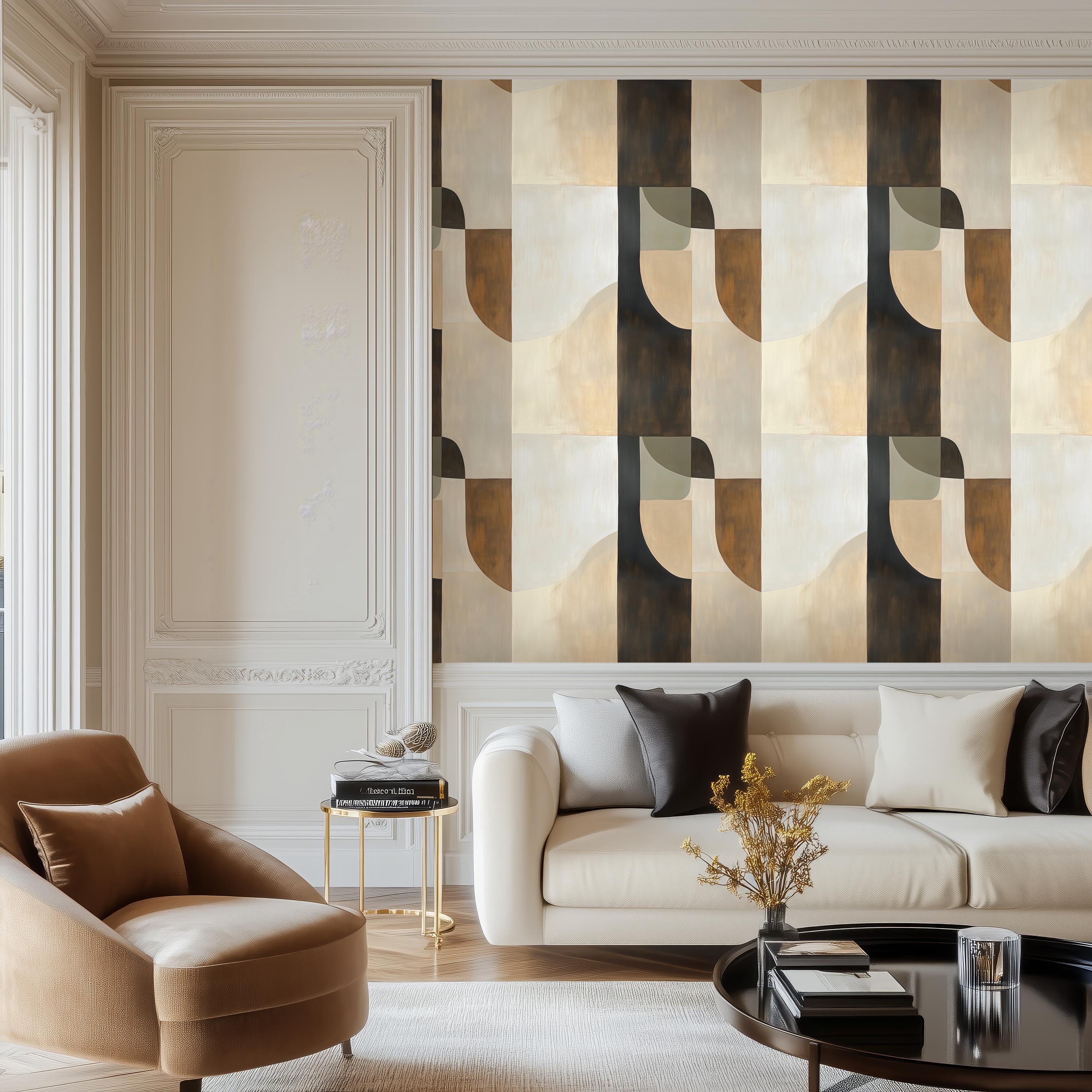 Geometric Abstract Wallpaper: Beige & Black Art Deco Wall Mural - Etsy