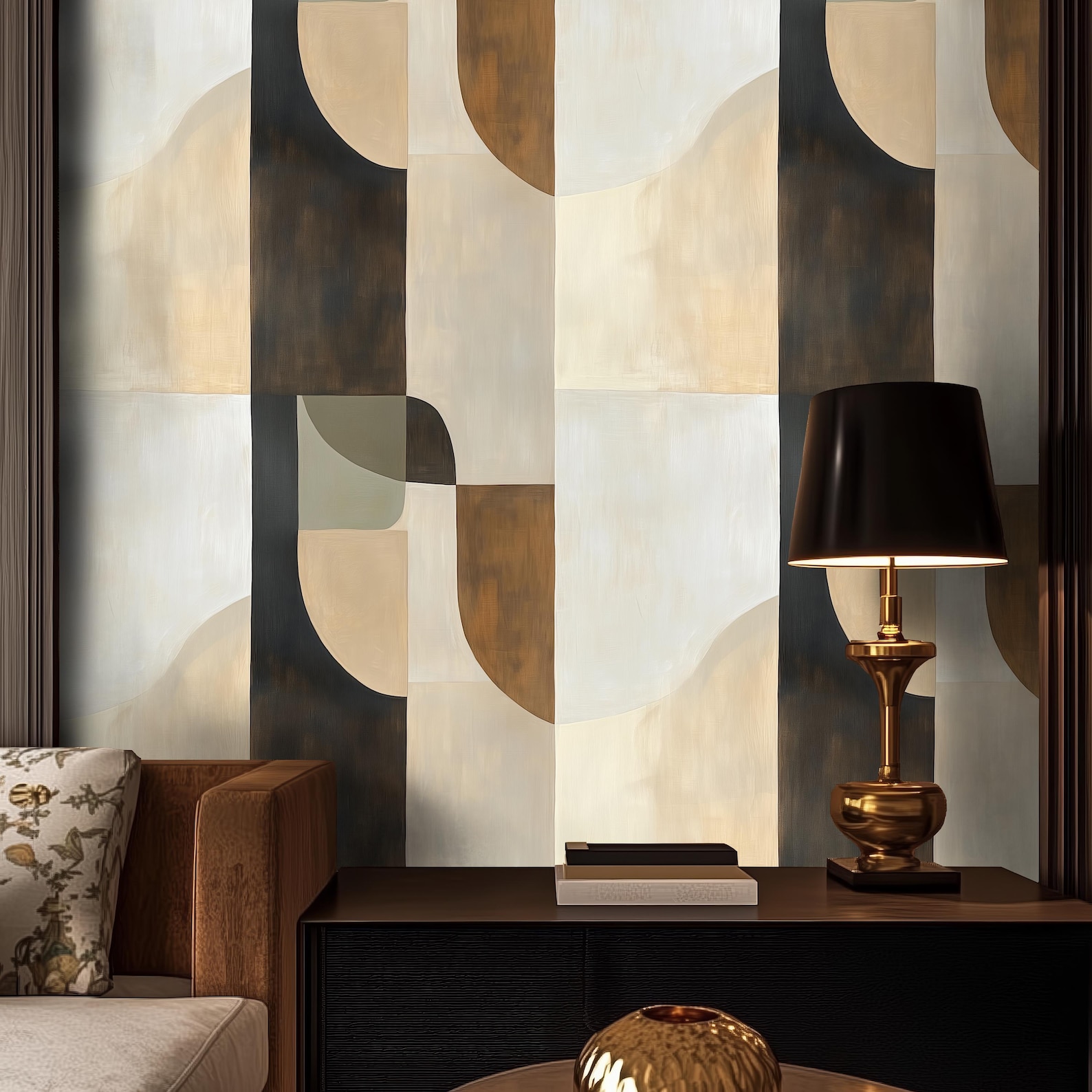 Geometric Abstract Wallpaper: Beige & Black Art Deco Wall Mural - Etsy