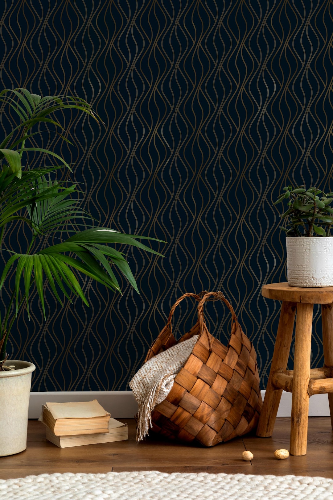 Art Deco Wave Wallpaper: Dark Blue & Gold Peel and Stick - Etsy