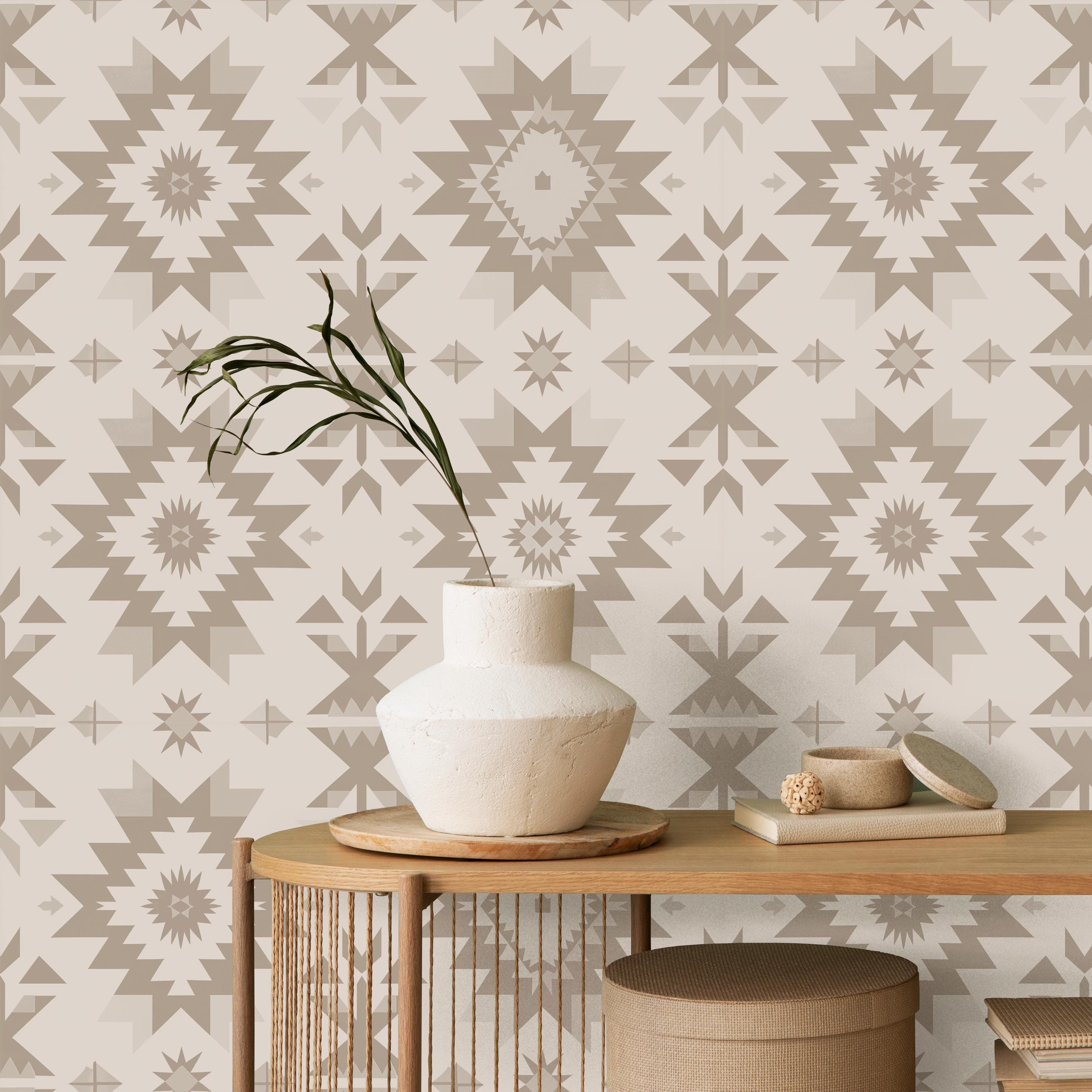 Neutral Boho Aztec Wallpaper - Beige and White Peel and Stick Wall ...