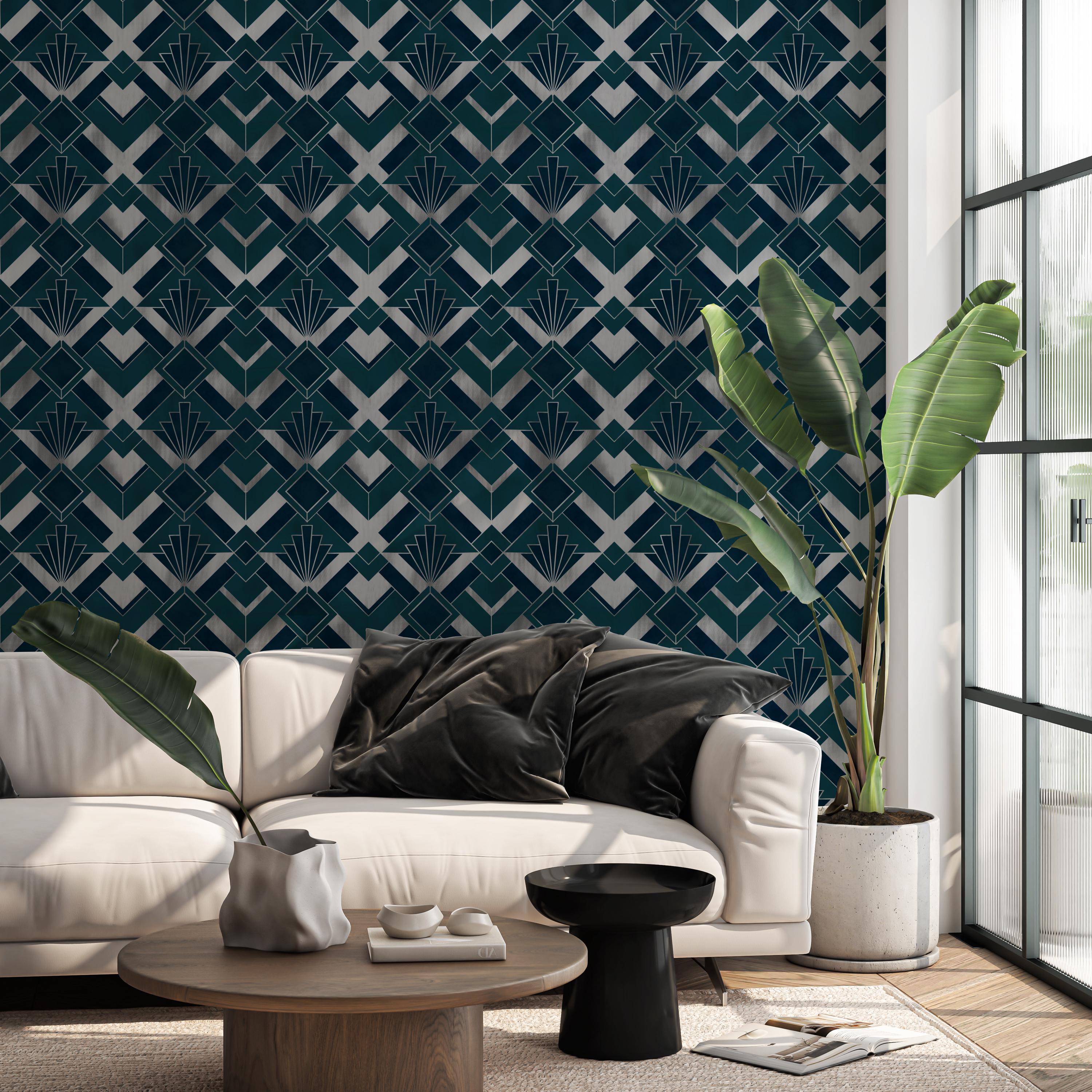 Dark Blue Art Deco Geometric Wallpaper – Modern Elegant Design, Deep ...