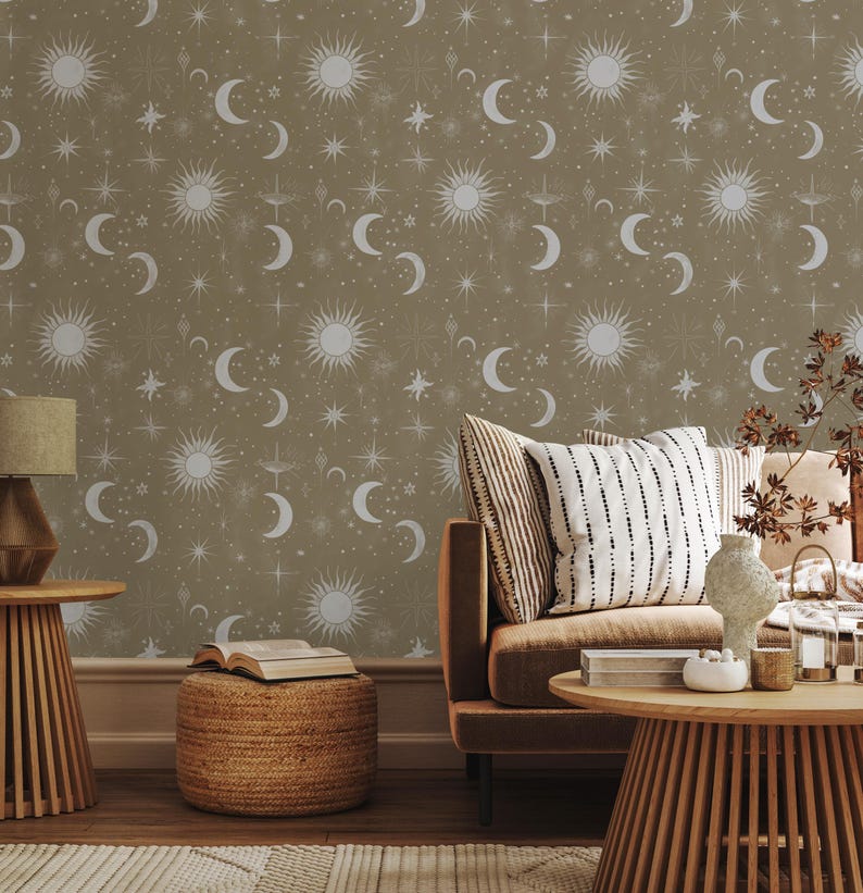 Beige Celestial Sun and Moon Wallpaper - Neutral Astrology Peel & Stick ...