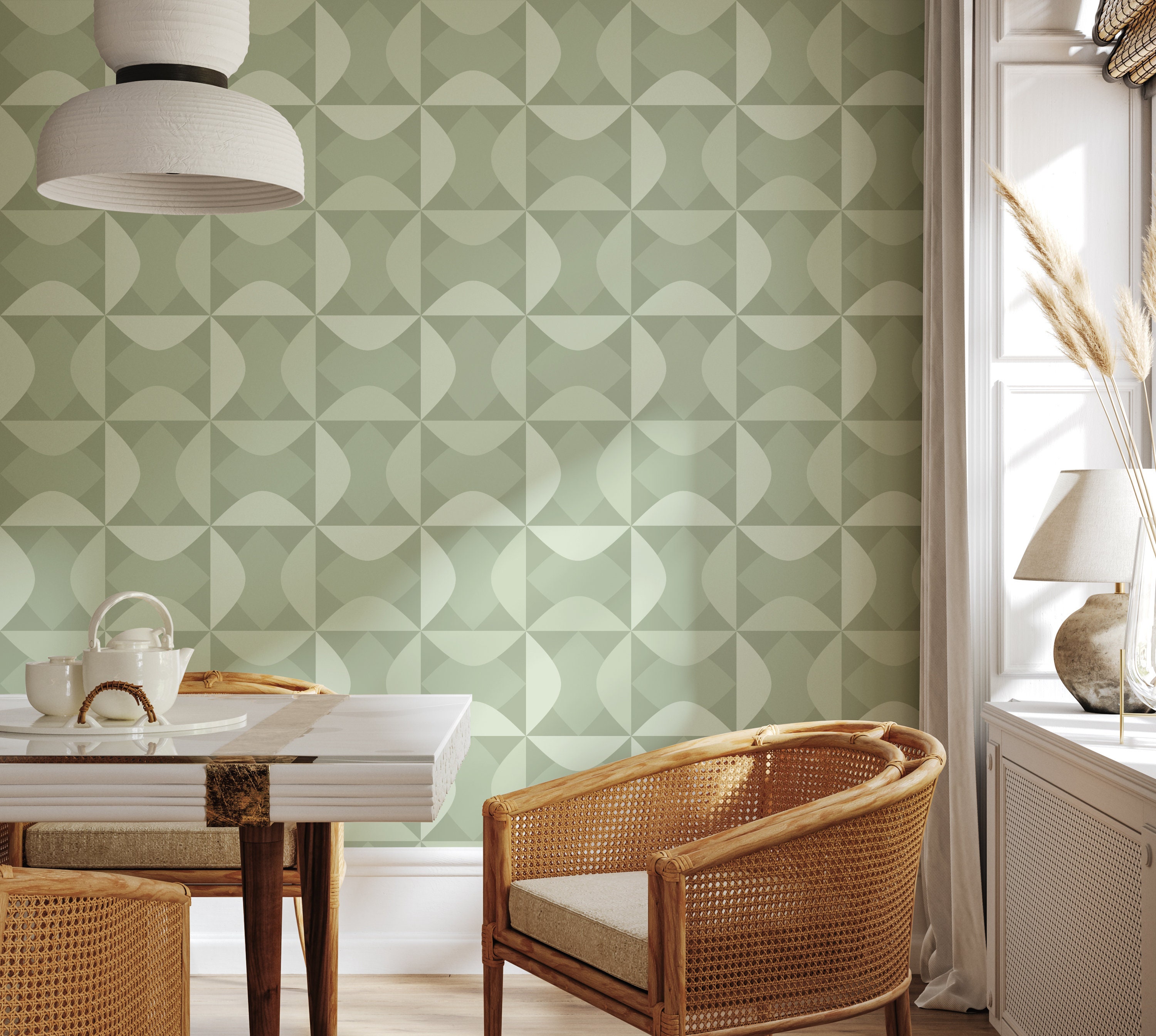 Green Mid Century Wallpaper, Peel and Stick Modern, Sage Green Shapes ...