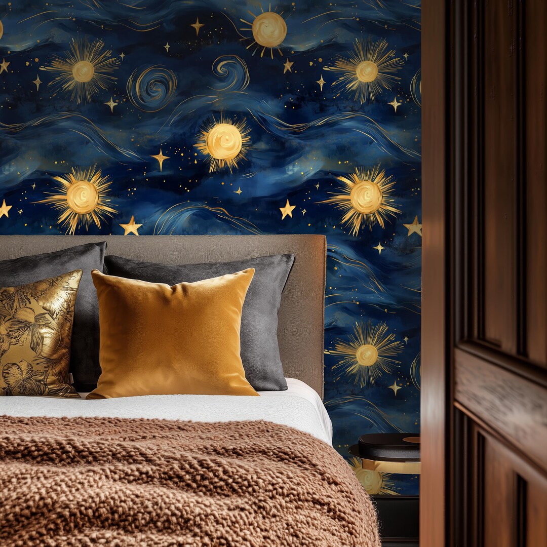 Starry Night Celestial Wallpaper - Luxury Sun & Moon Wall Mural ...