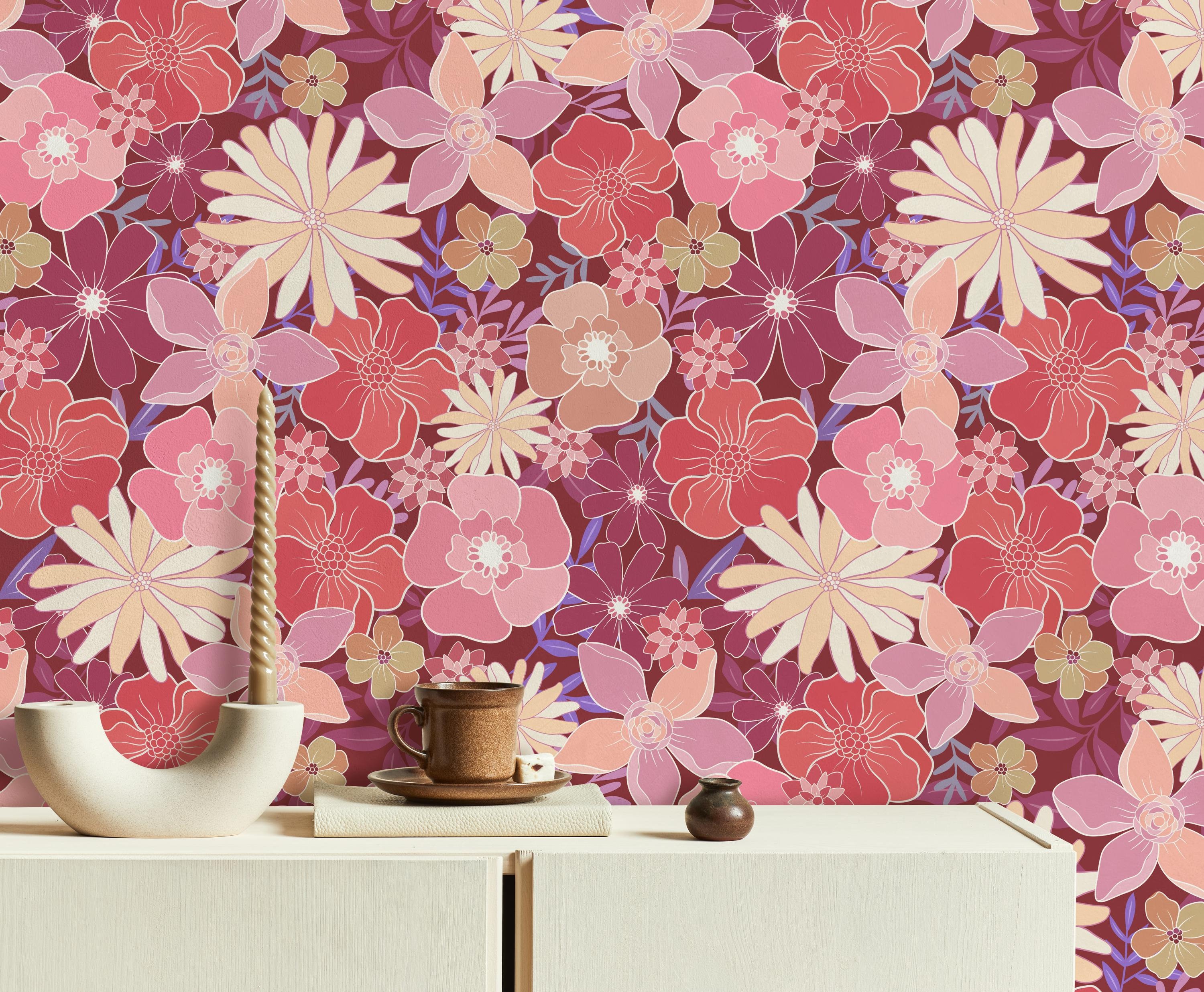 Peel and Stick Floral Pink Wallpaper Chic Botanical Art, Vibrant Groovy ...