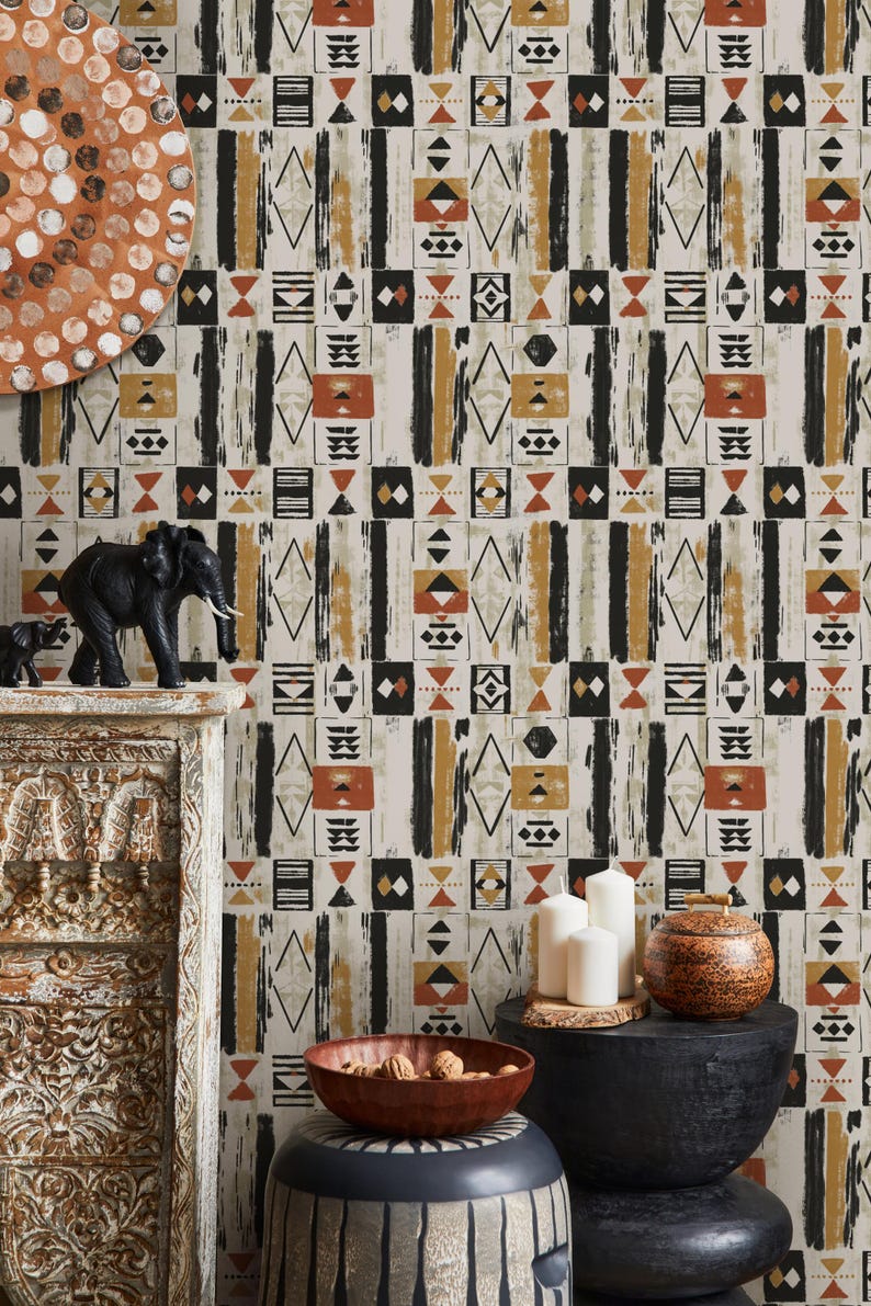 Bohemian Tribal Peel and Stick Wallpaper Earthy Geometric Pattern ...