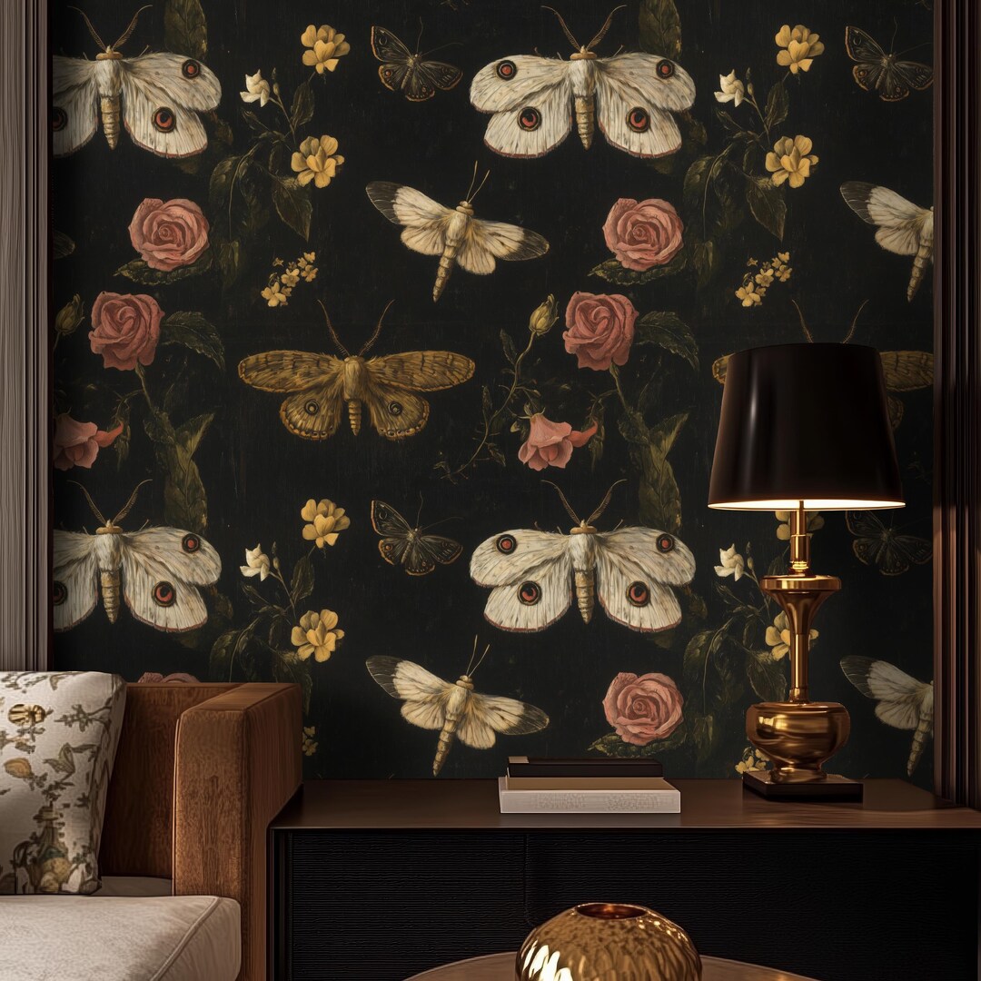 Dark Moth Wallpaper - Vintage Insect Wall Mural - Gothic Botanical ...