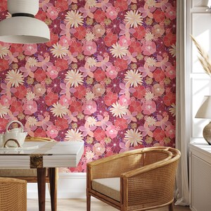 Peel and Stick Floral Pink Wallpaper Chic Botanical Art, Vibrant Groovy ...
