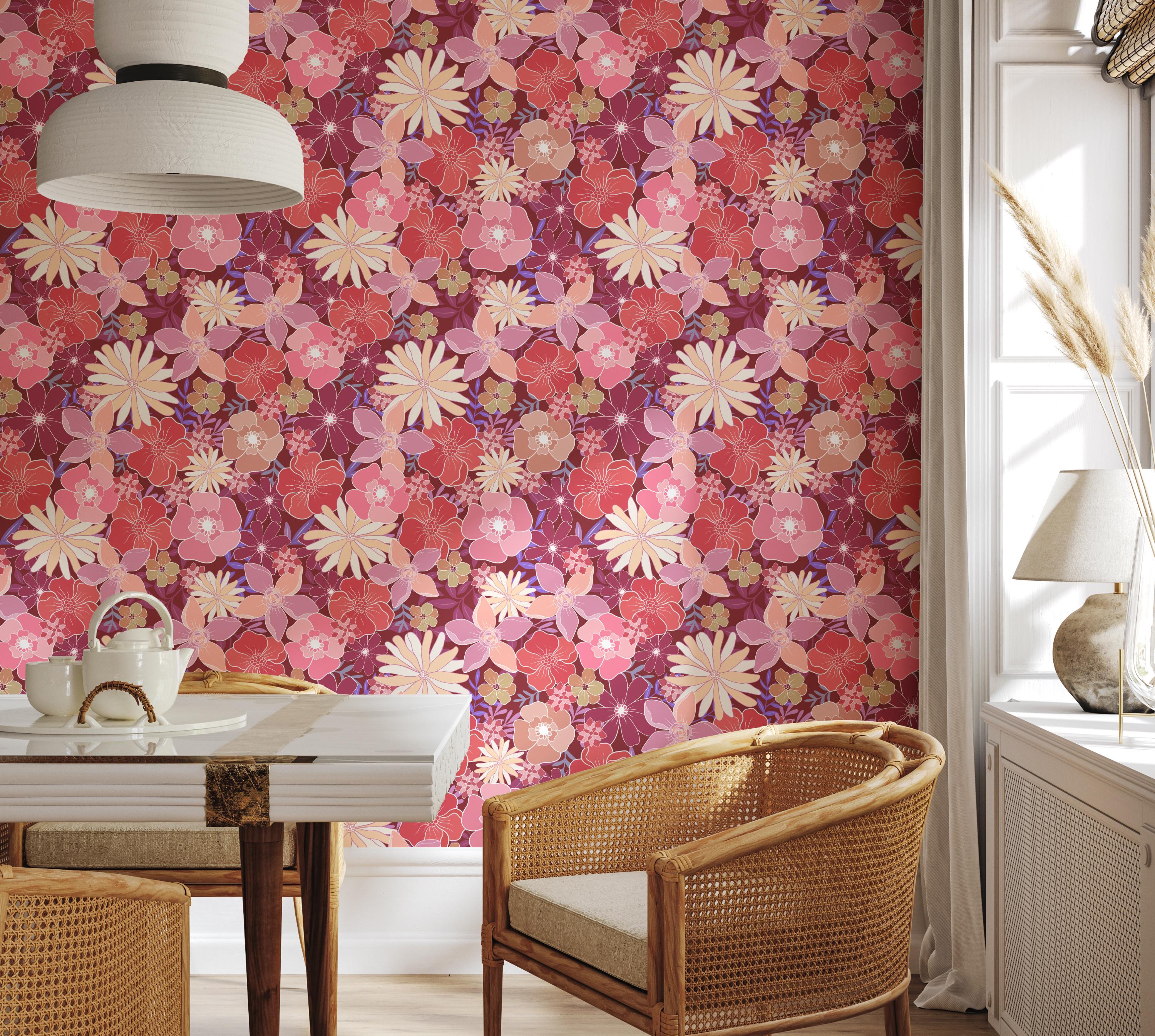 Peel and Stick Floral Pink Wallpaper Chic Botanical Art, Vibrant Groovy ...
