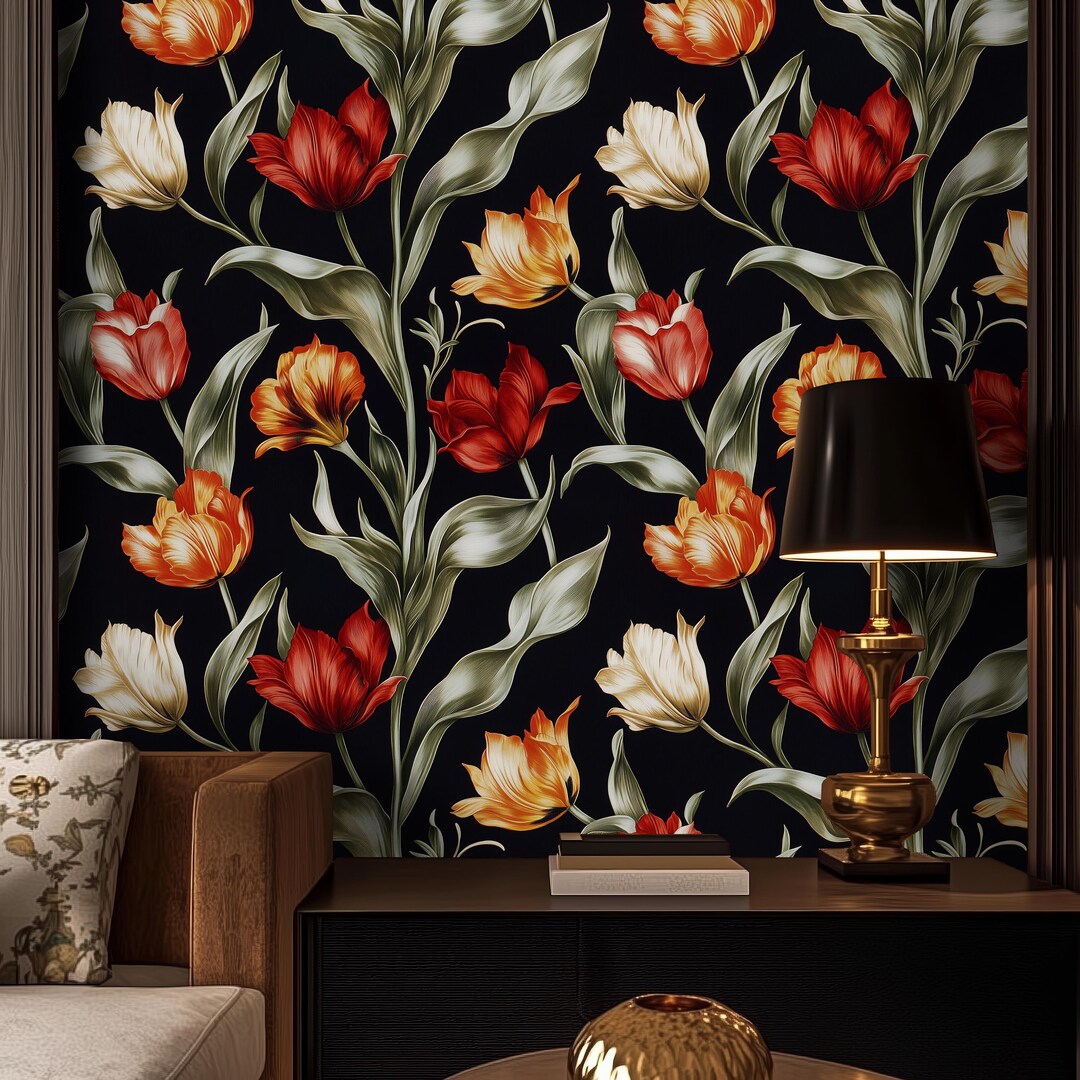 Luxury Vintage Floral Wallpaper - Dark Red & Gold Tulip Mural - Elegant ...