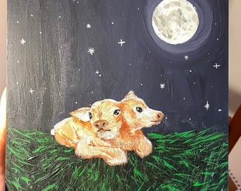 Two Headed Calf 8x8 Square Original Oil Painting Print Inspired by ...
