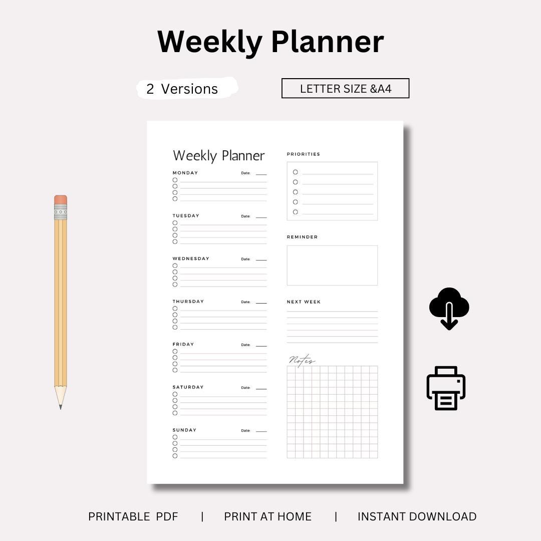 Weekly Planner Printable , Minimal Weekly Schedule, Weekly Organizer ...