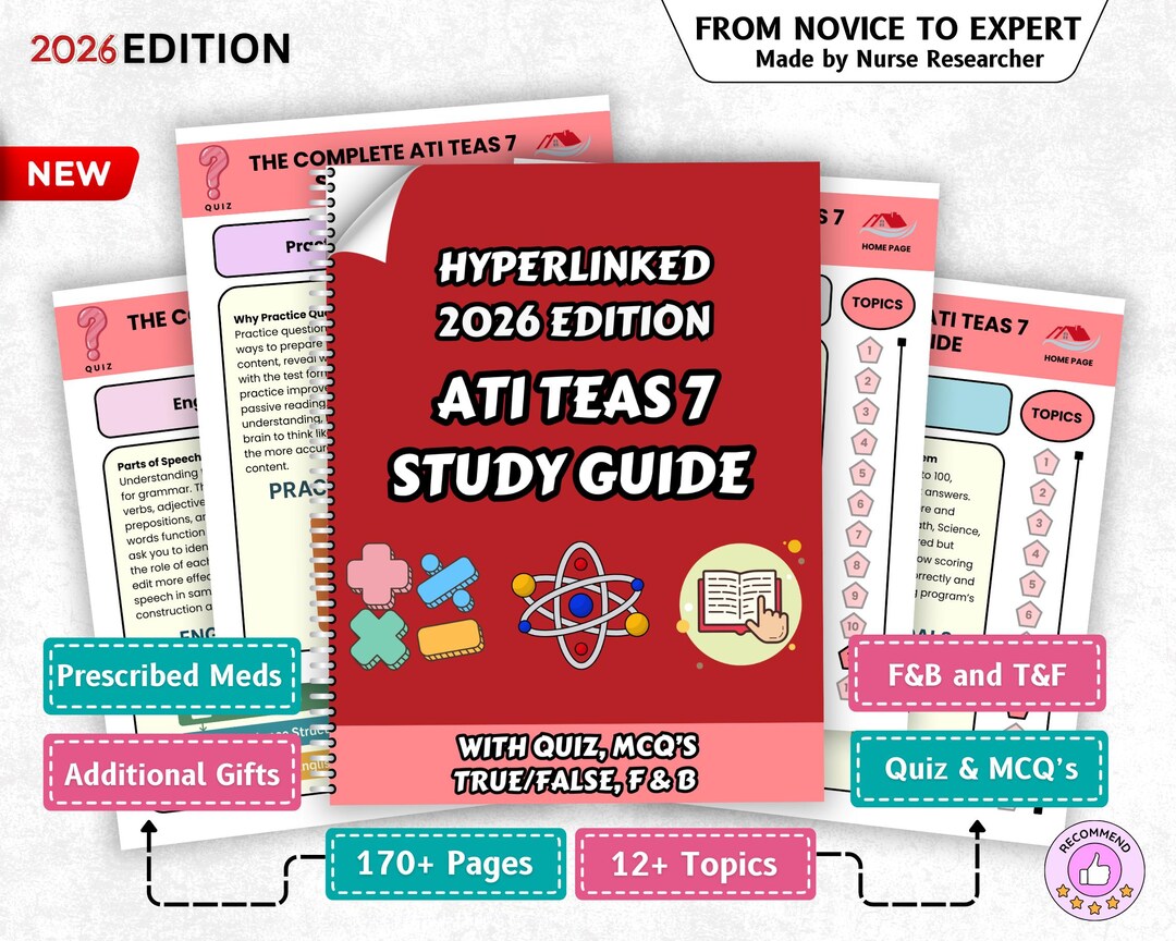 ATI TEAS 7 Study Guide 2026: Nursing Exam Prep, Hyperlinked (digital ...