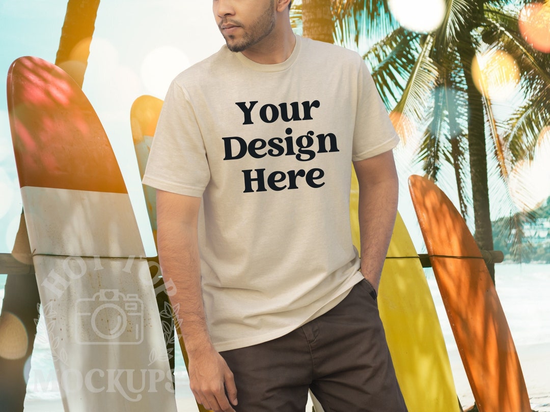 Tan Gildan 64000 T-shirt Mockup: Male Model, Summer Beach (digital JPG ...