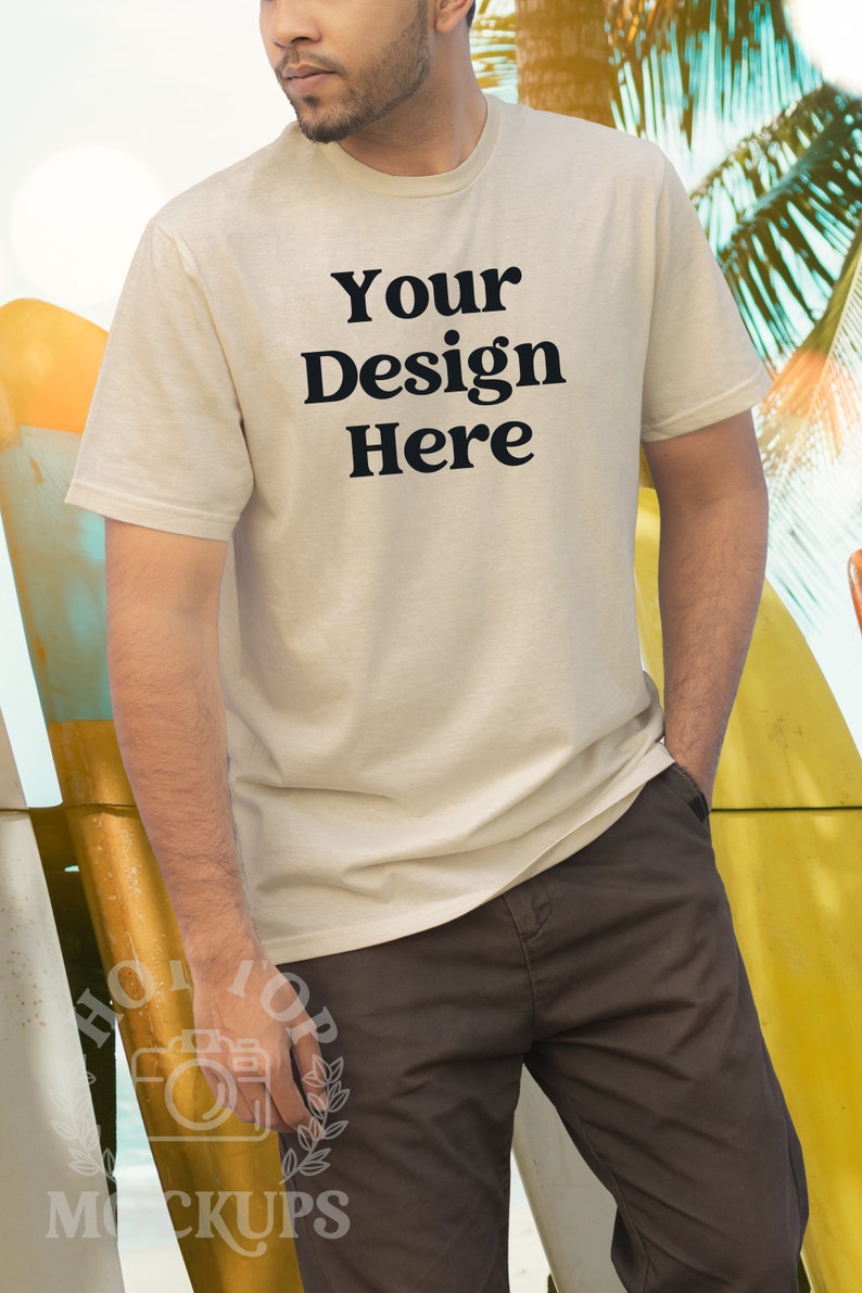 Tan Gildan 64000 T-shirt Mockup: Male Model, Summer Beach (digital JPG ...