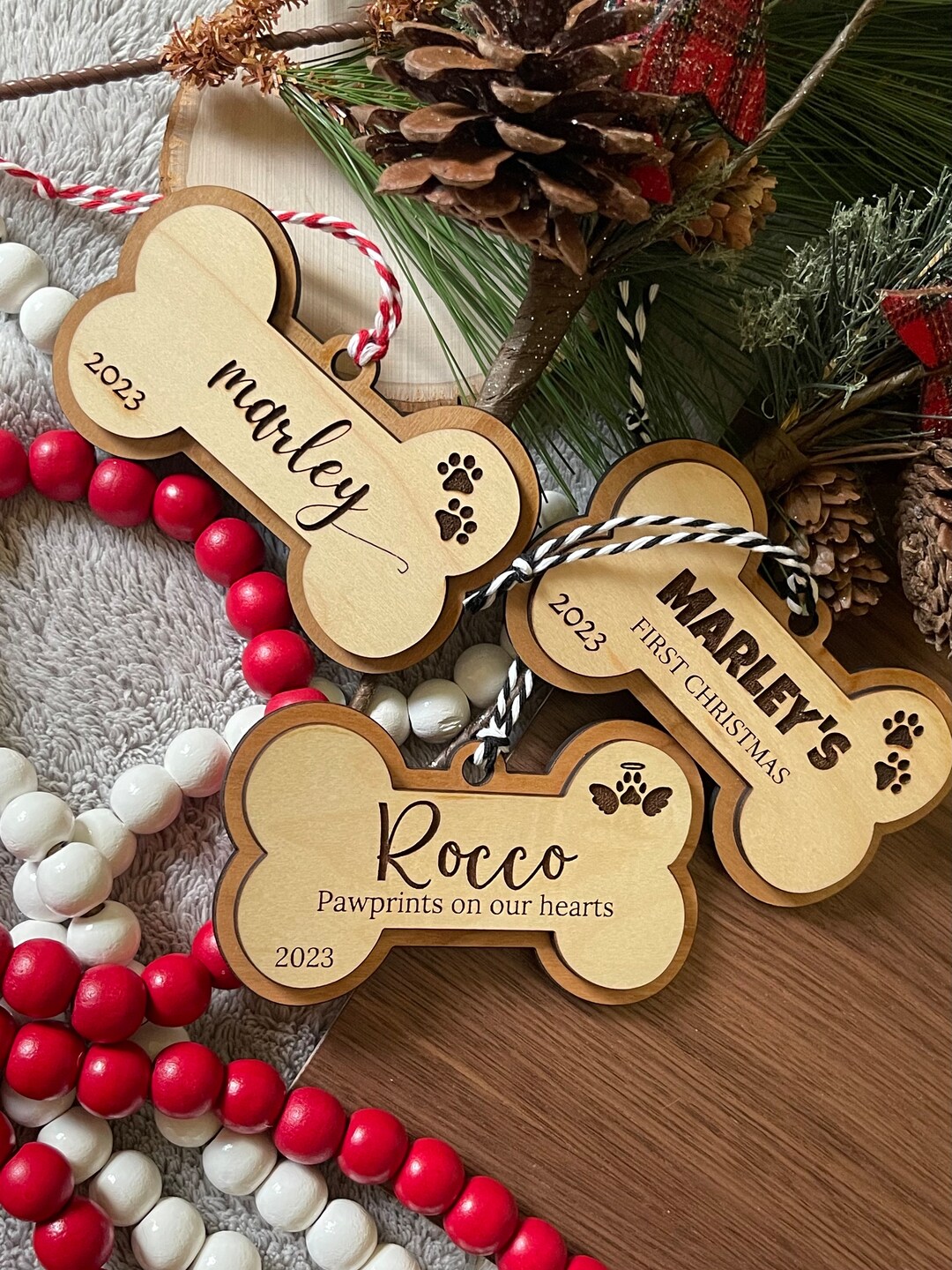 Personalized Dog Bone Christmas Ornament: Laser Engraved Wood Pet ...