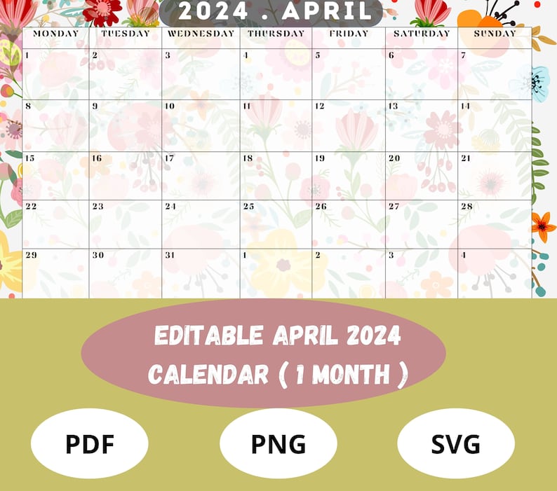 Simple Calendar, Editable April 2024 Calendar Printable,editable ...
