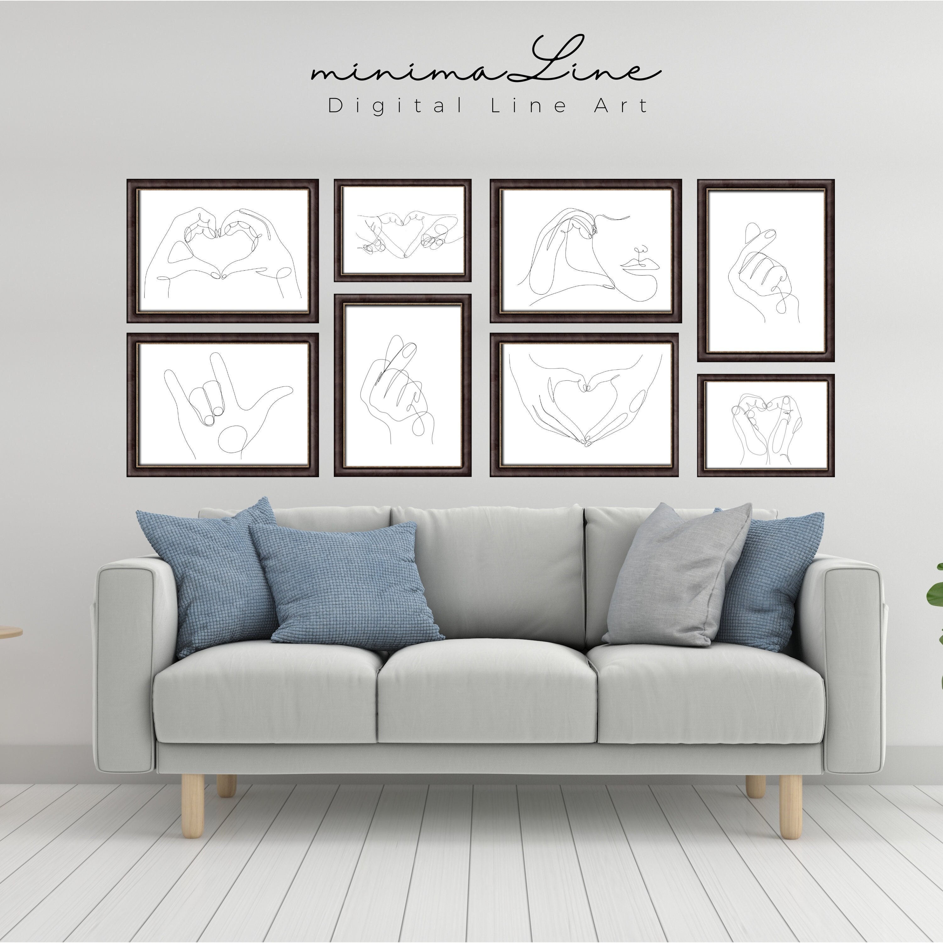 Minimal Digital Line Art, PRINTABLES Set of 8 Fingerheart One Line ...