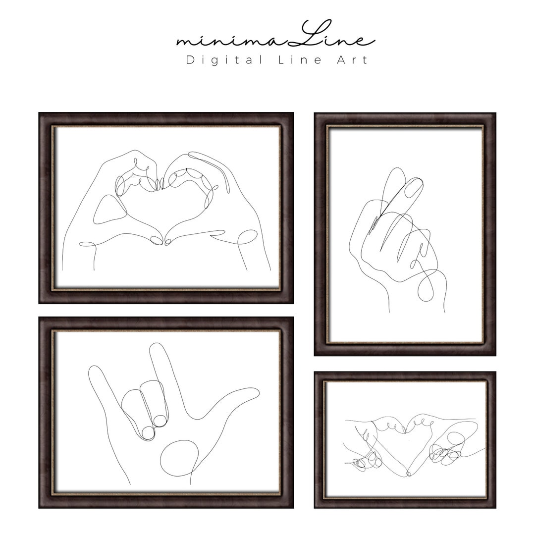 Minimal Digital Line Art, PRINTABLES Set of 4 Fingerheart One Line ...
