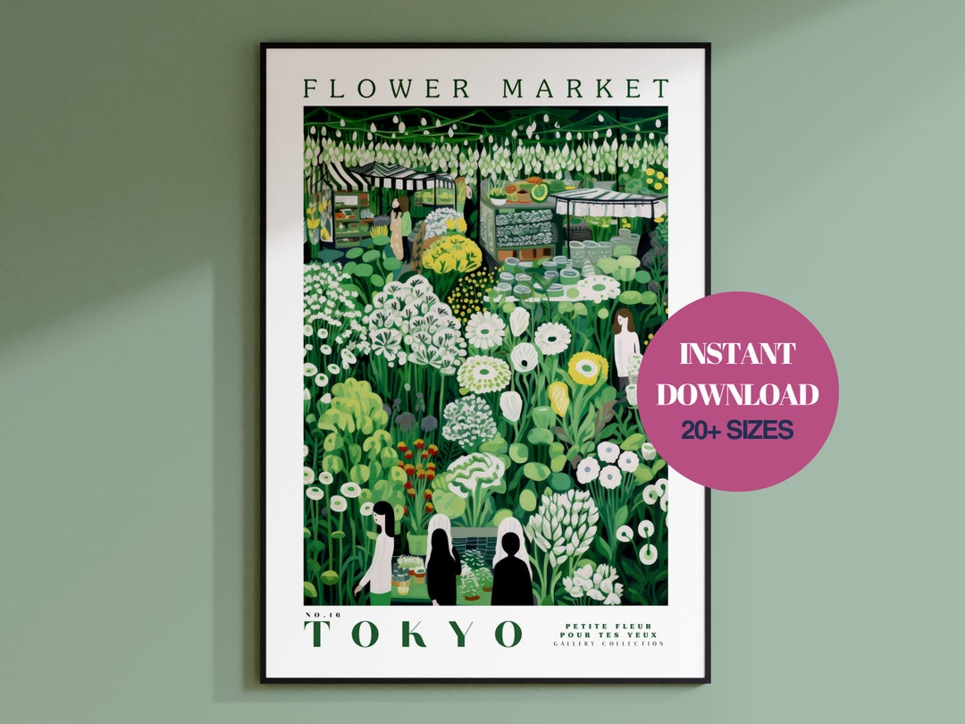Tokyo Flower Market Print, Instant Download, Botanical Wall Art, Green ...