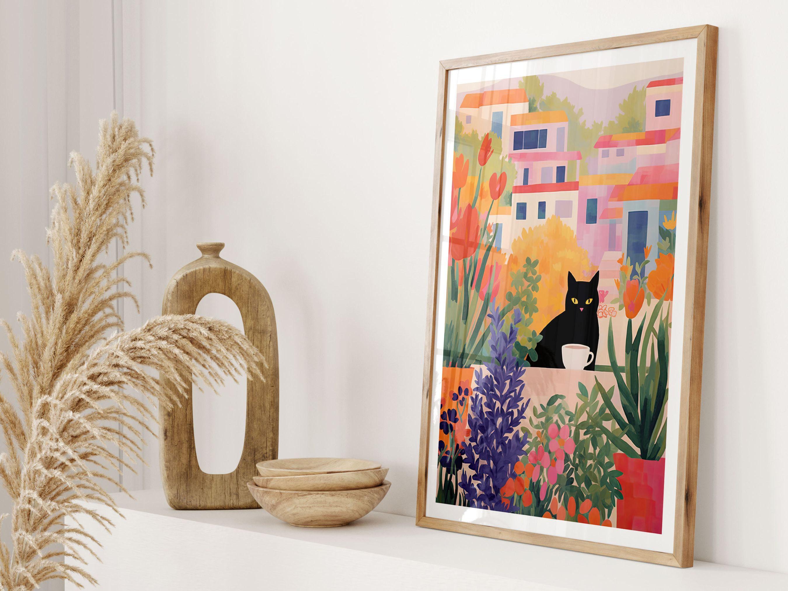 Coffee Cat Poster, Flowers and Cats, Flower Art Print, Cat Art Print ...