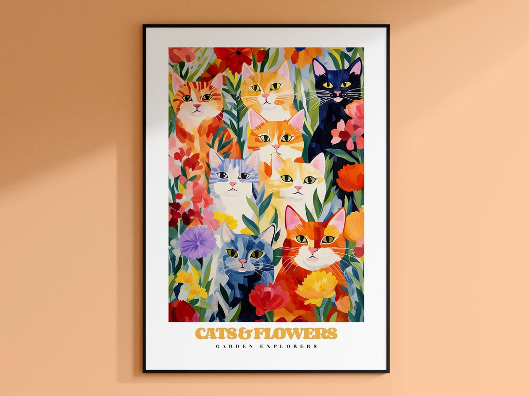 Yellow and Red Cats, Cute and Funny Kitten Poster, Purple Flowers ...