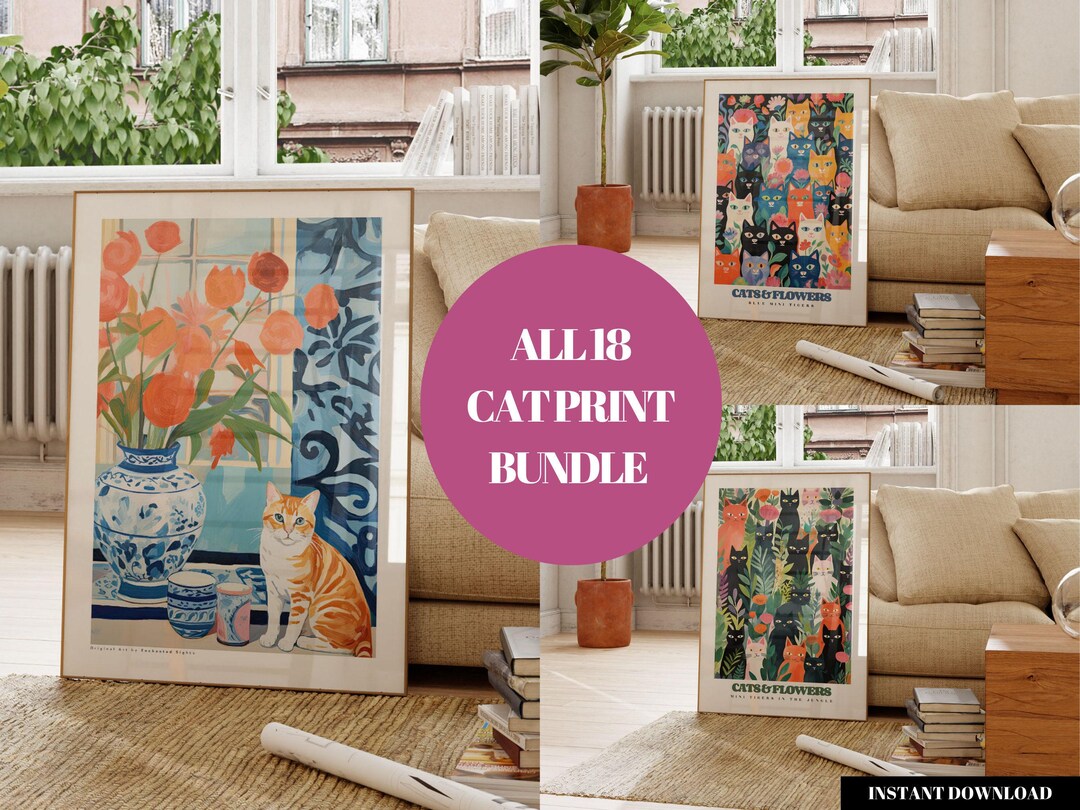 18 Cats Flower Print Mega Bundle, Instant Download, Funny Cat Prints ...