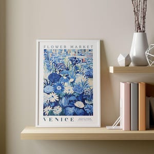 Venice Flower Market Poster, Venice Travel Art, Italy Art Print, Blue ...
