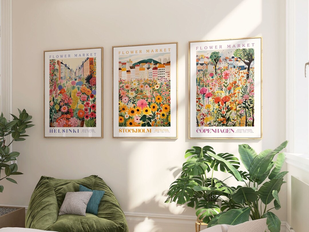 Set of 3 Prints, Flower Market Poster, Wall Art Bundle, Botanical Wall ...