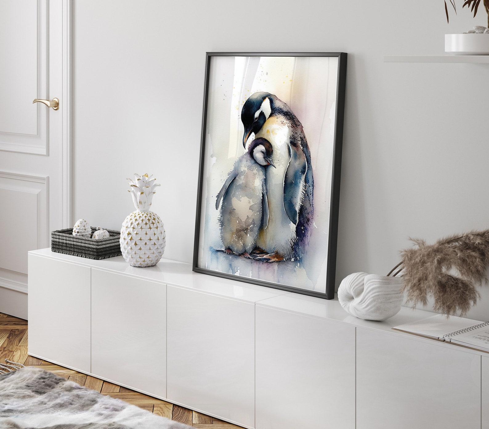 Cute Penguins Watercolor Wall Art Print | Mothers Day Penguin Painting ...