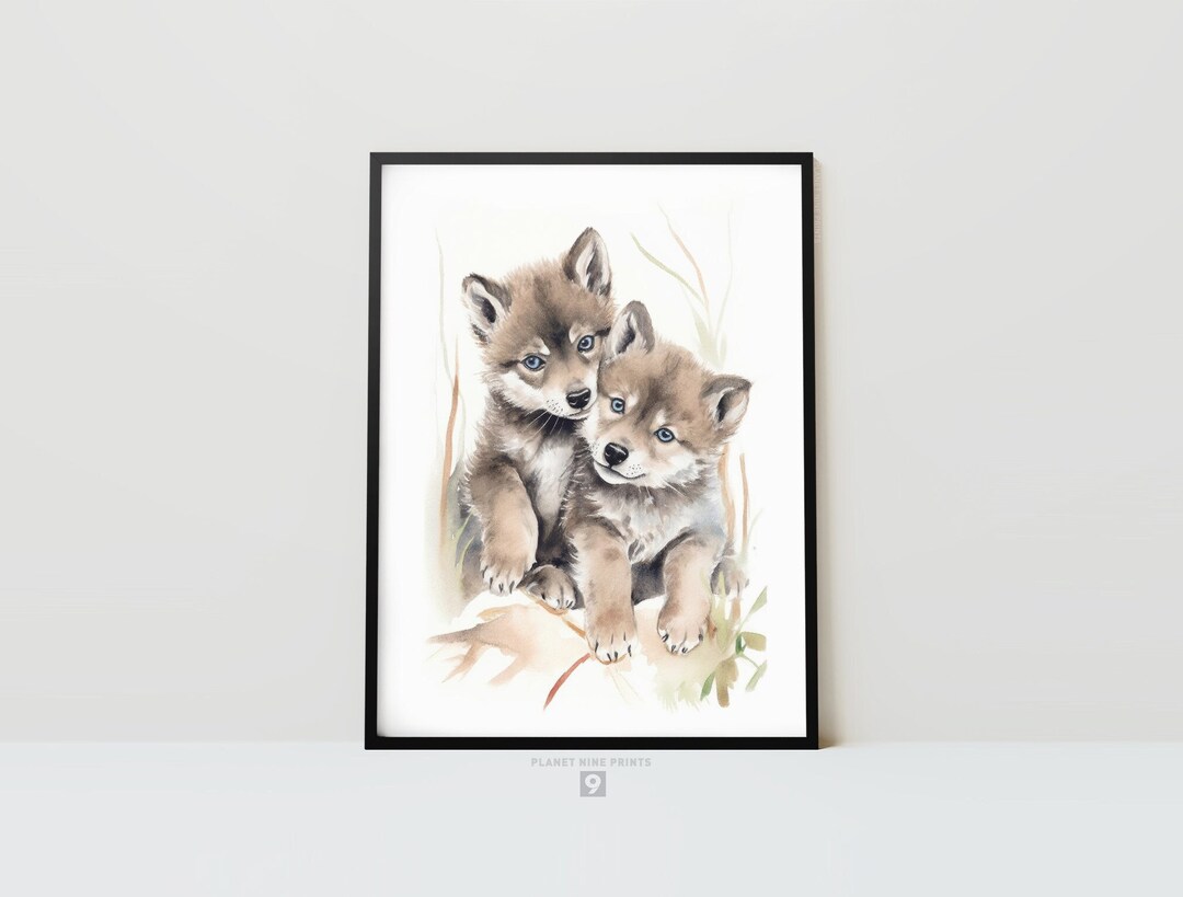 Baby Wolf Cubs Watercolor Wall Art Painting | Two Wolves Cute Baby ...