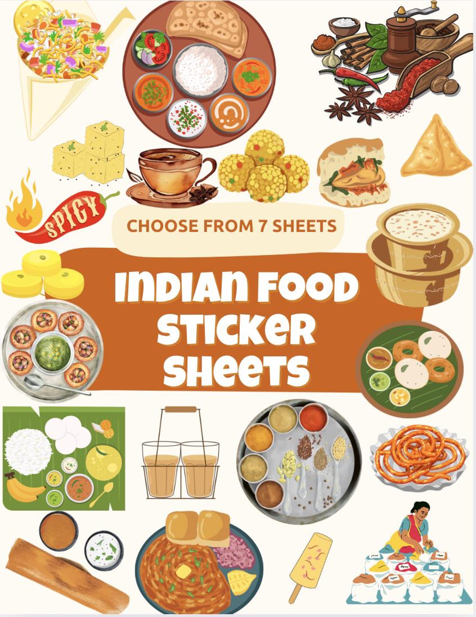 Cute Desi Sticker Sheet, Indian Food Stickers, Indian Stickers, Funny ...