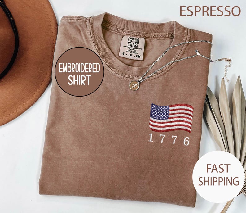 Comfort Colors® Embroidered USA Flag T-shirt , Patriotic 1776 Shirt ...