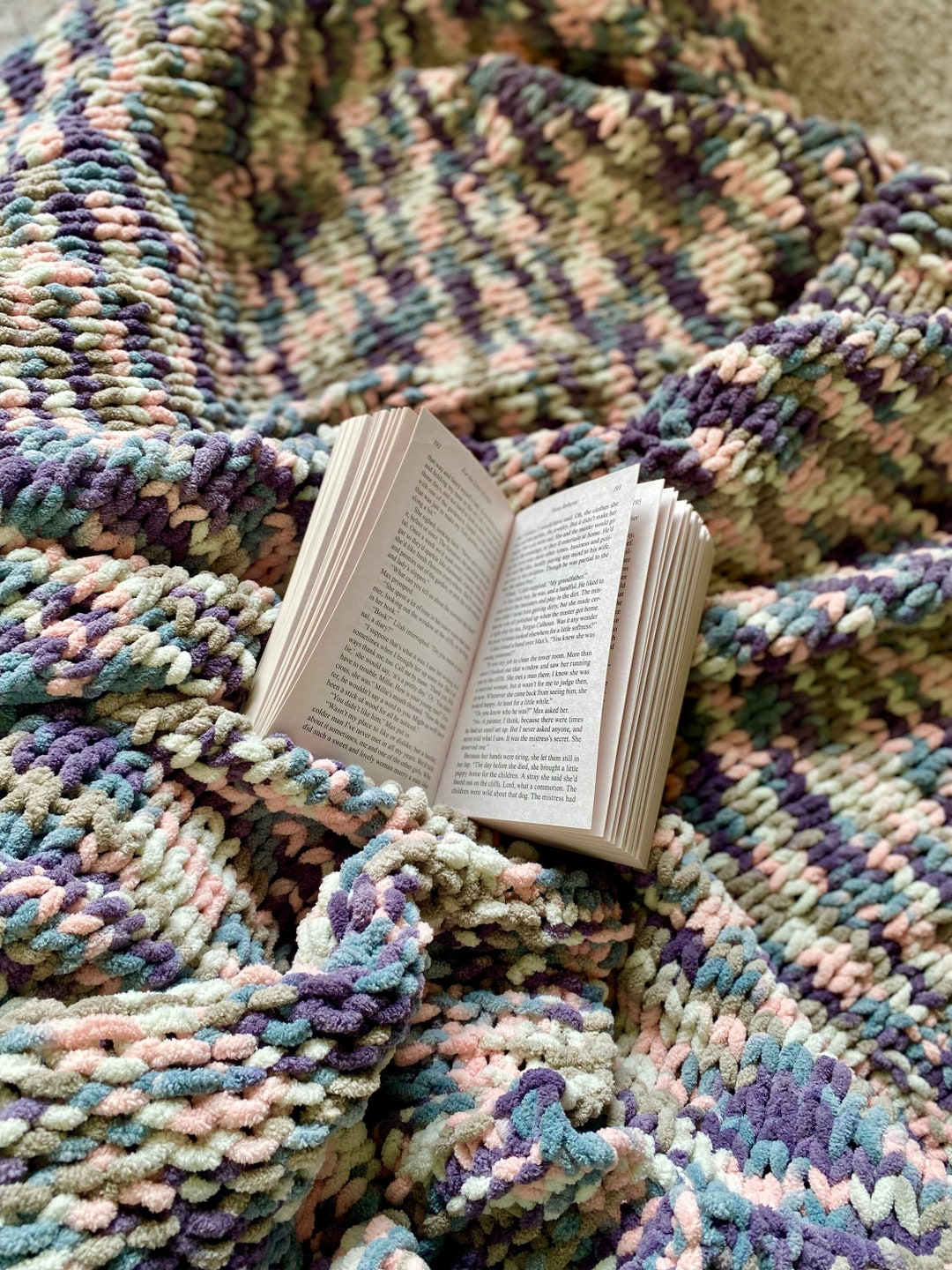 Handmade Cozy Chunky Knit Afghan Throw Blanket Wildflower Beige Pink ...