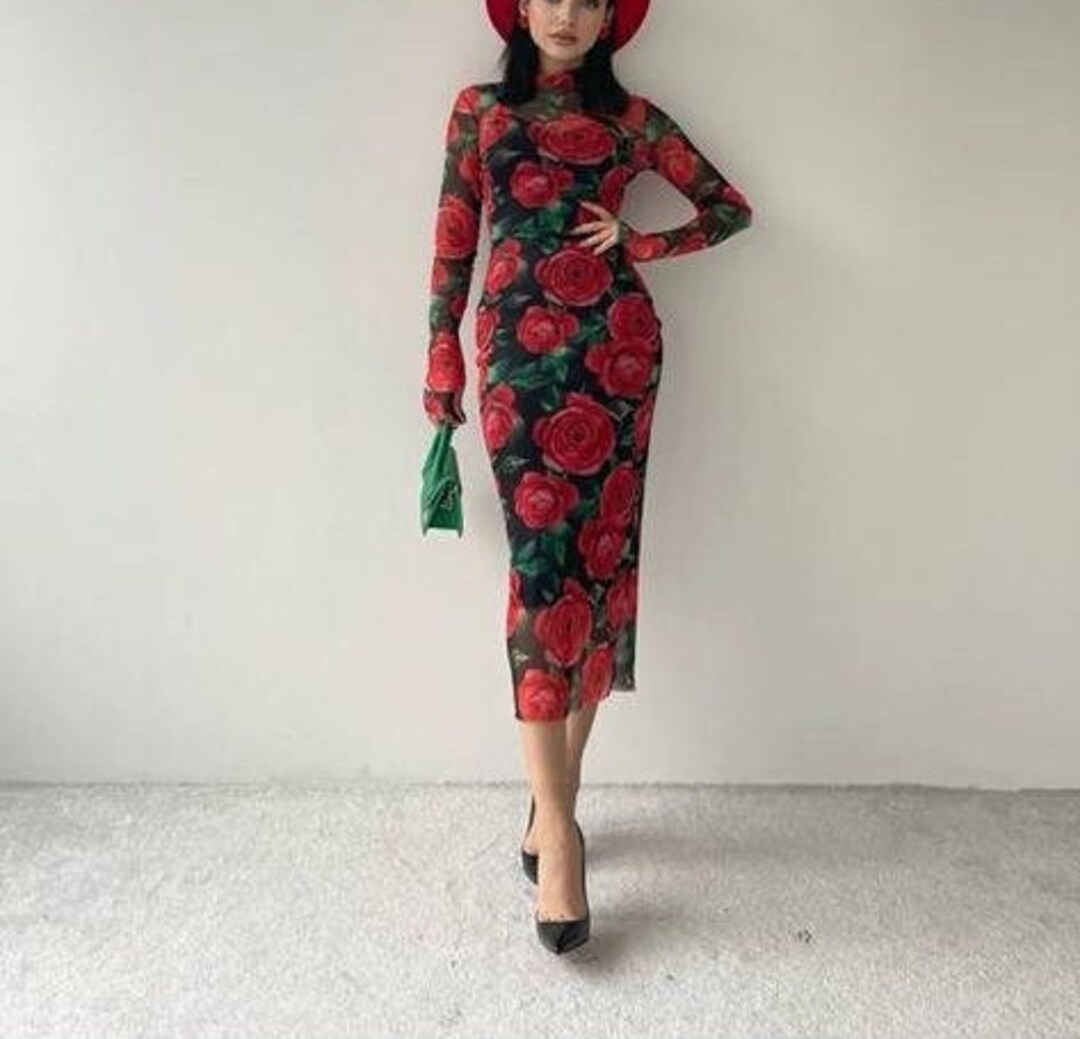 Red Tulle Dress, Red Rose Pattern Dress, Red Dress - Etsy