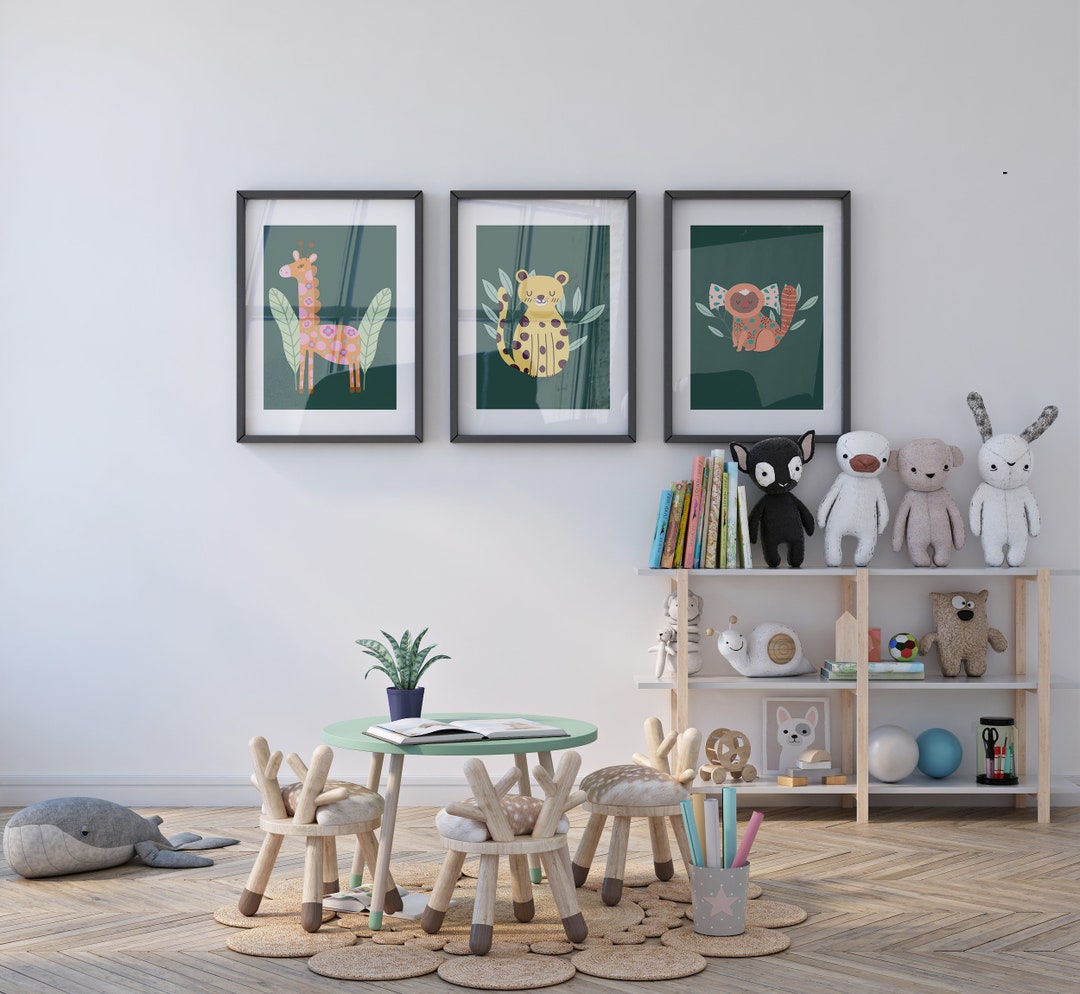 Green Background Safari Animals, Boho Nursery Prints, Safari Wall Art ...