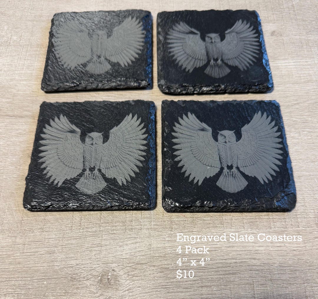Mandala Owl - 4 Pack Engraved Slate Coaster Set - Etsy
