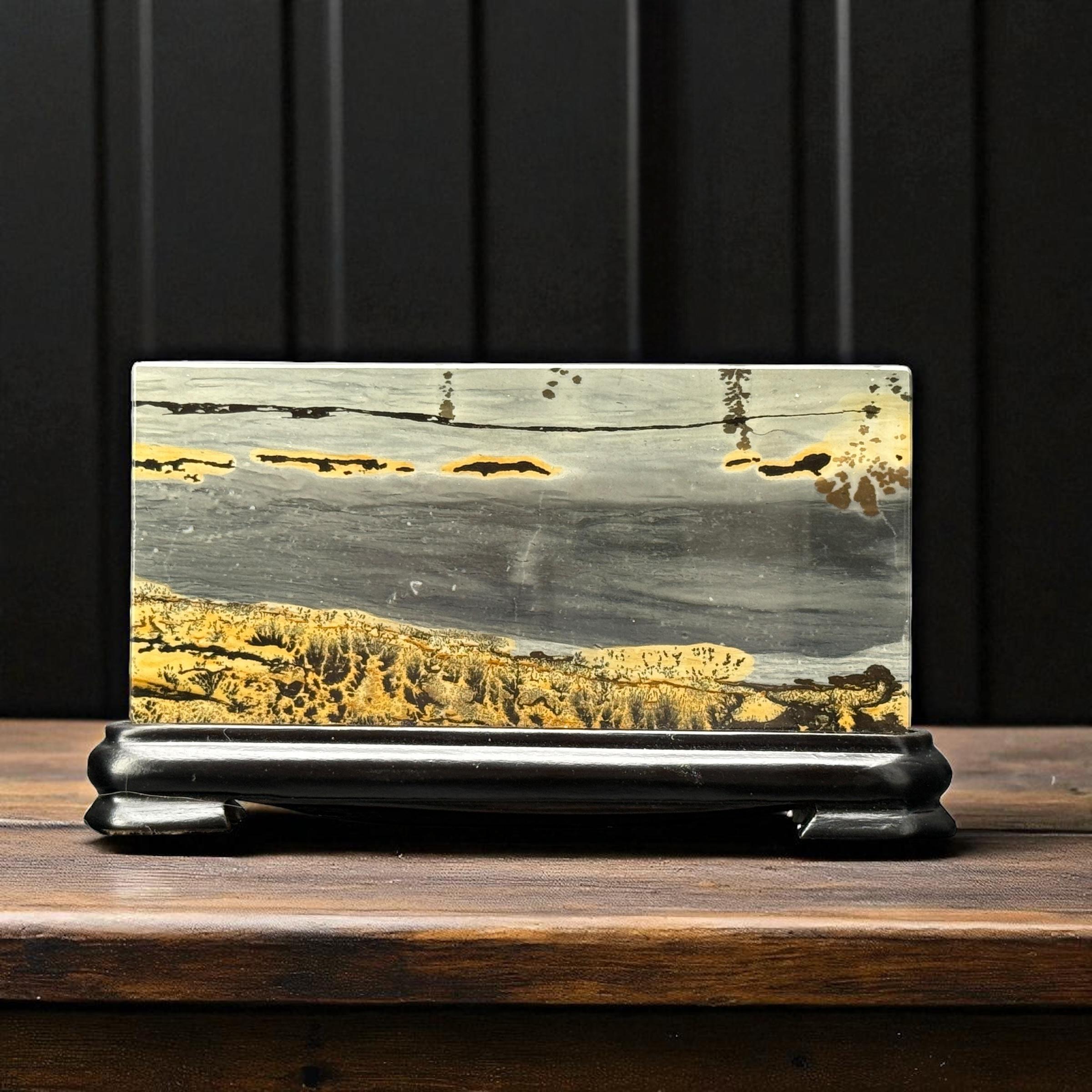 Picture Jasper Slab on Custom Holder | Rectangle Slab With Camphor Wood ...