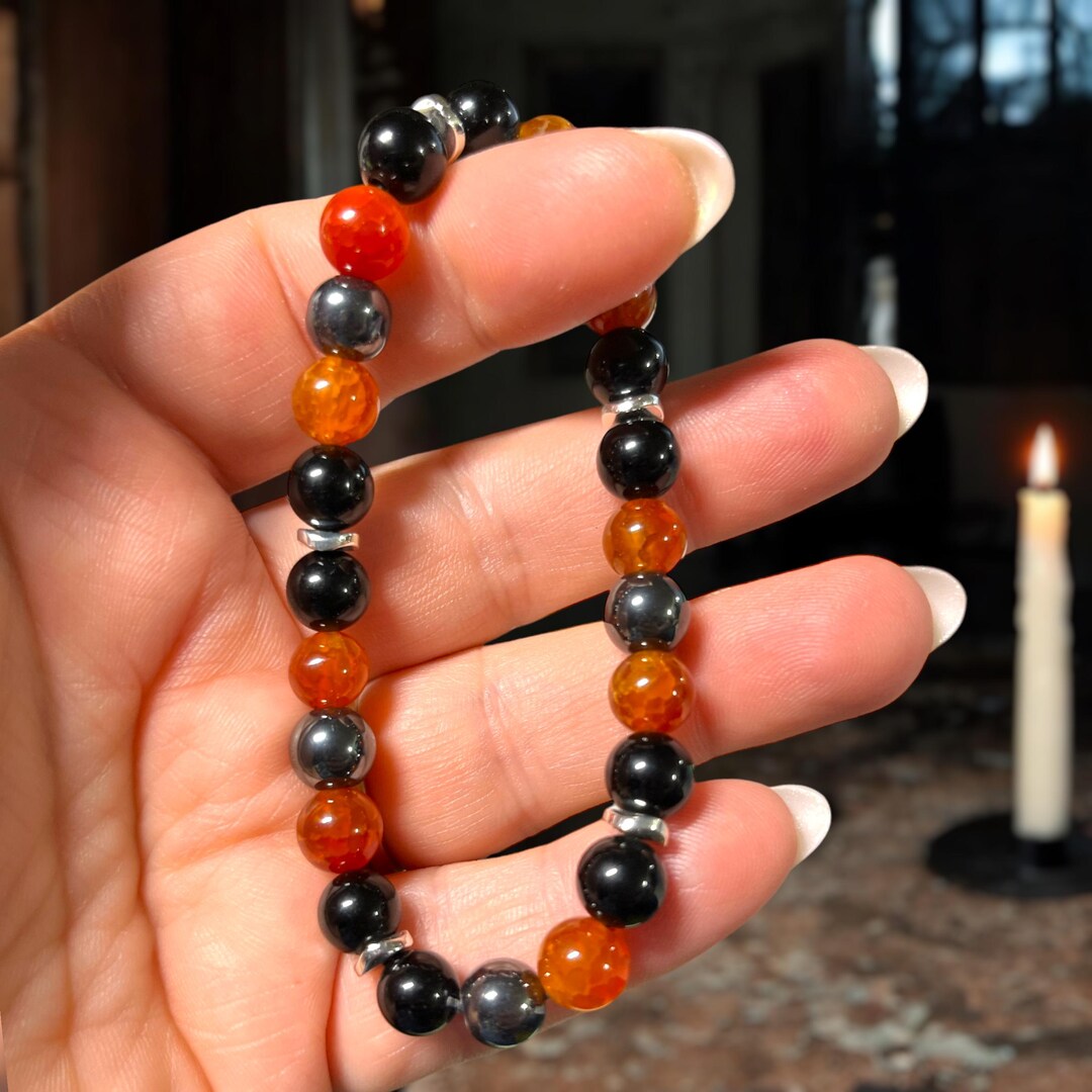 Halloween Bracelet Black Obsidian W/ Hematite, Orange Dragon Vein ...