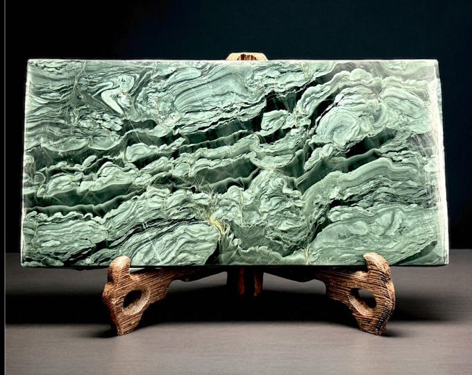 RARE Green Wave Picture Jasper Slab With Easel Wood Stand: Collector's ...