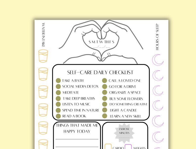 Self Care Checklist Printable, Mental Health Planner, Daily Self Care ...