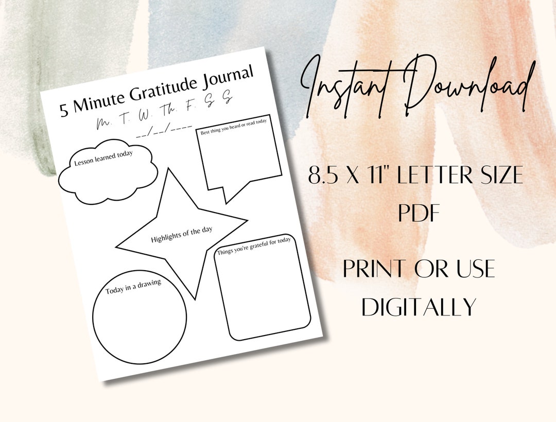 5 Minute Gratitude Journal Template Printable, Guided Gratitude Journal ...