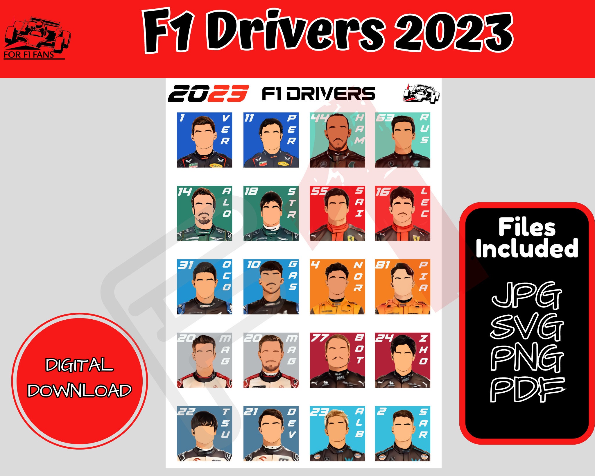 F1 Drivers 2023 Digital Download PNG Jpg Svg Pdf Formula - Etsy