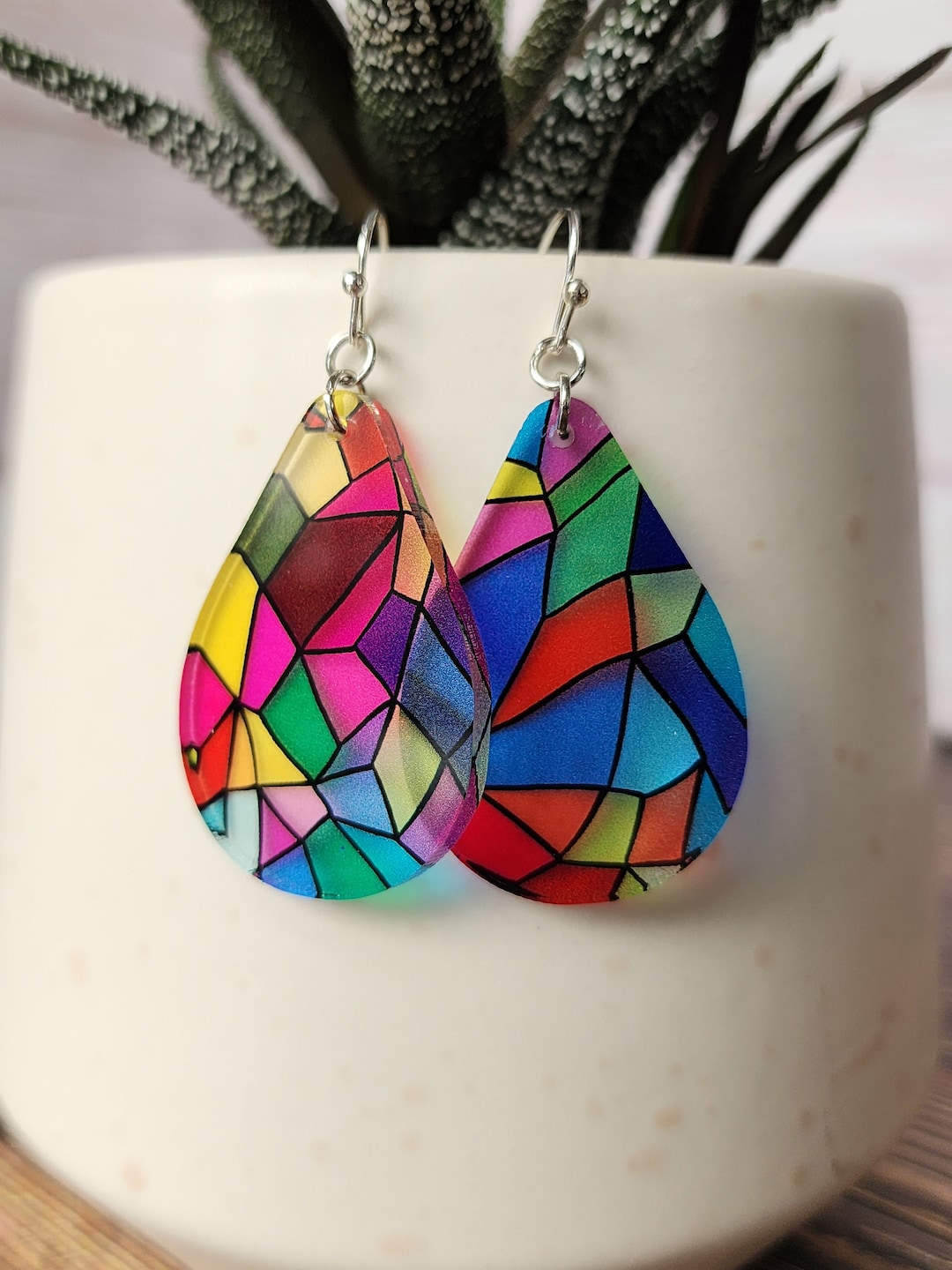 Stained Glass Acrylic Dangle Earrings – Colorful Laser Cut Jewelry - Etsy