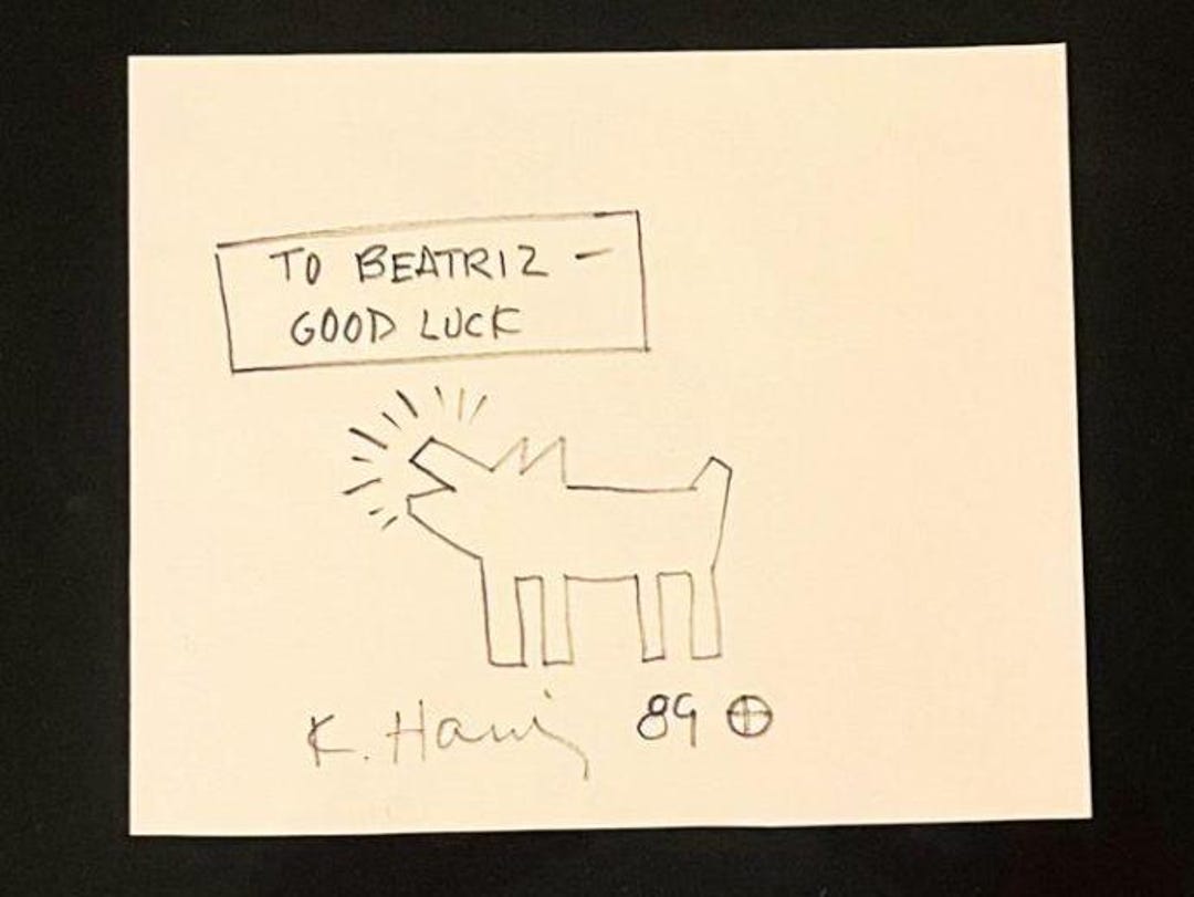 Keith Haring - “to Beatriz — Good Luck” (1989) - Dedication on Paper - Etsy