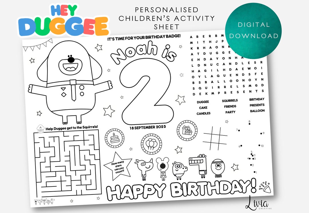 Personalised Hey Duggee Activity Sheet Children's Birthday Party ...